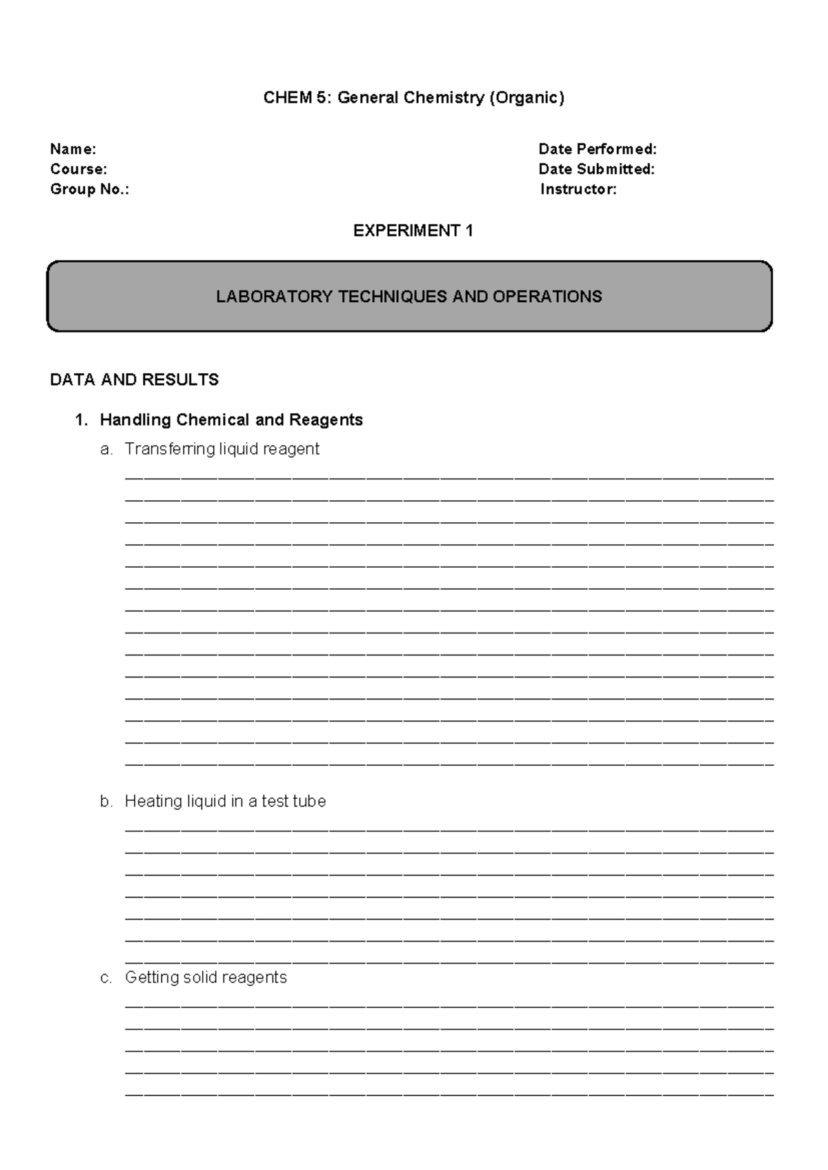 CHEM 05: General Chemistry (Organic) Laboratory Work No. 1 - CHEM 5 ...