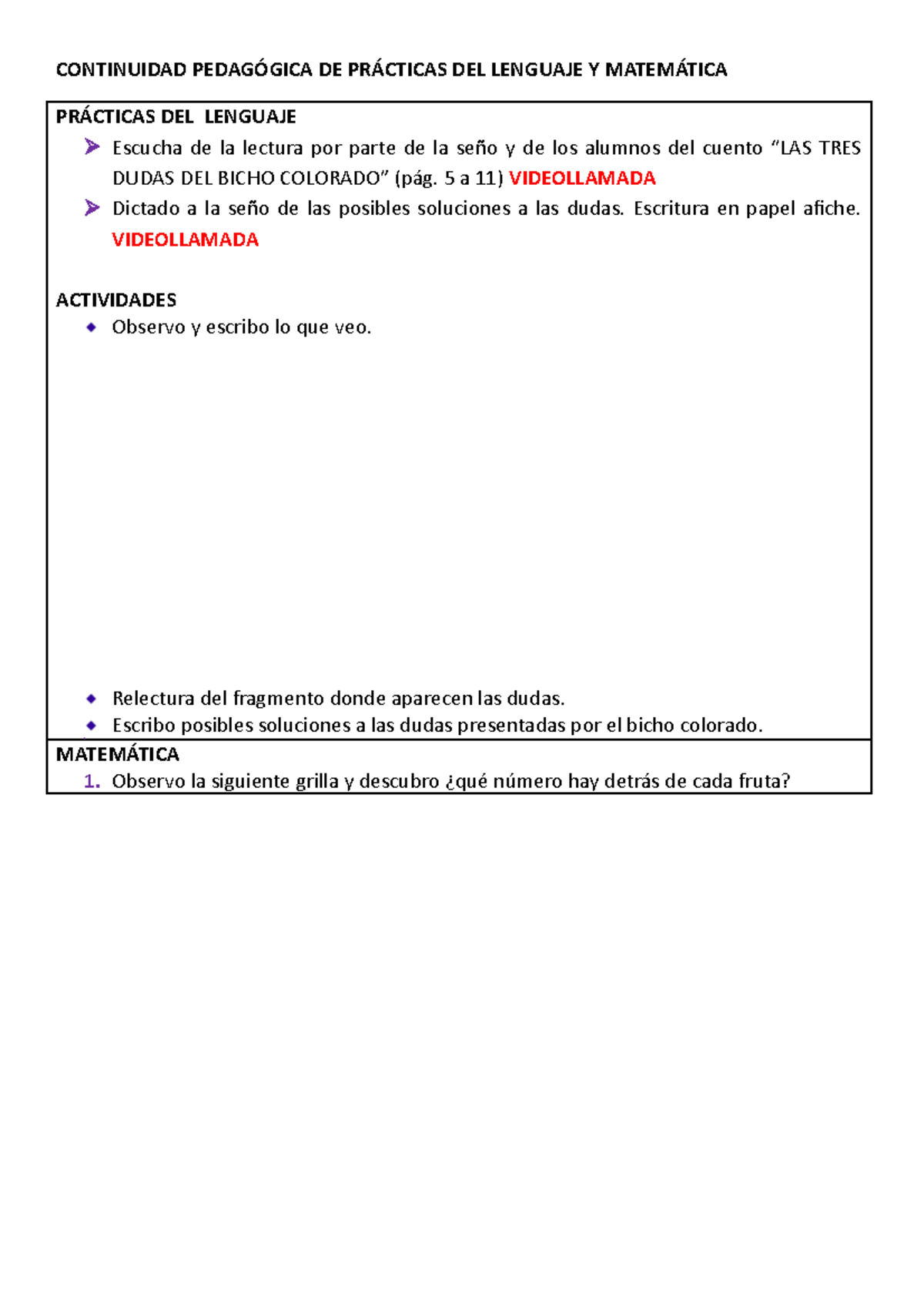 Continuidad Pedagógica DE Prácticas DEL Lenguaje Y Matemática - CONTINUIDAD PEDAGÓGICA DE ...