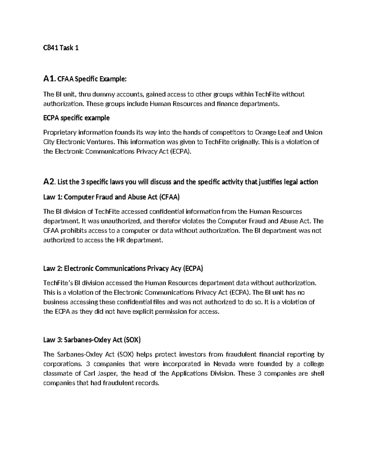 C841 Task 1 - C841 Task 1 - C841 Task 1 A1. CFAA Specific Example: The ...