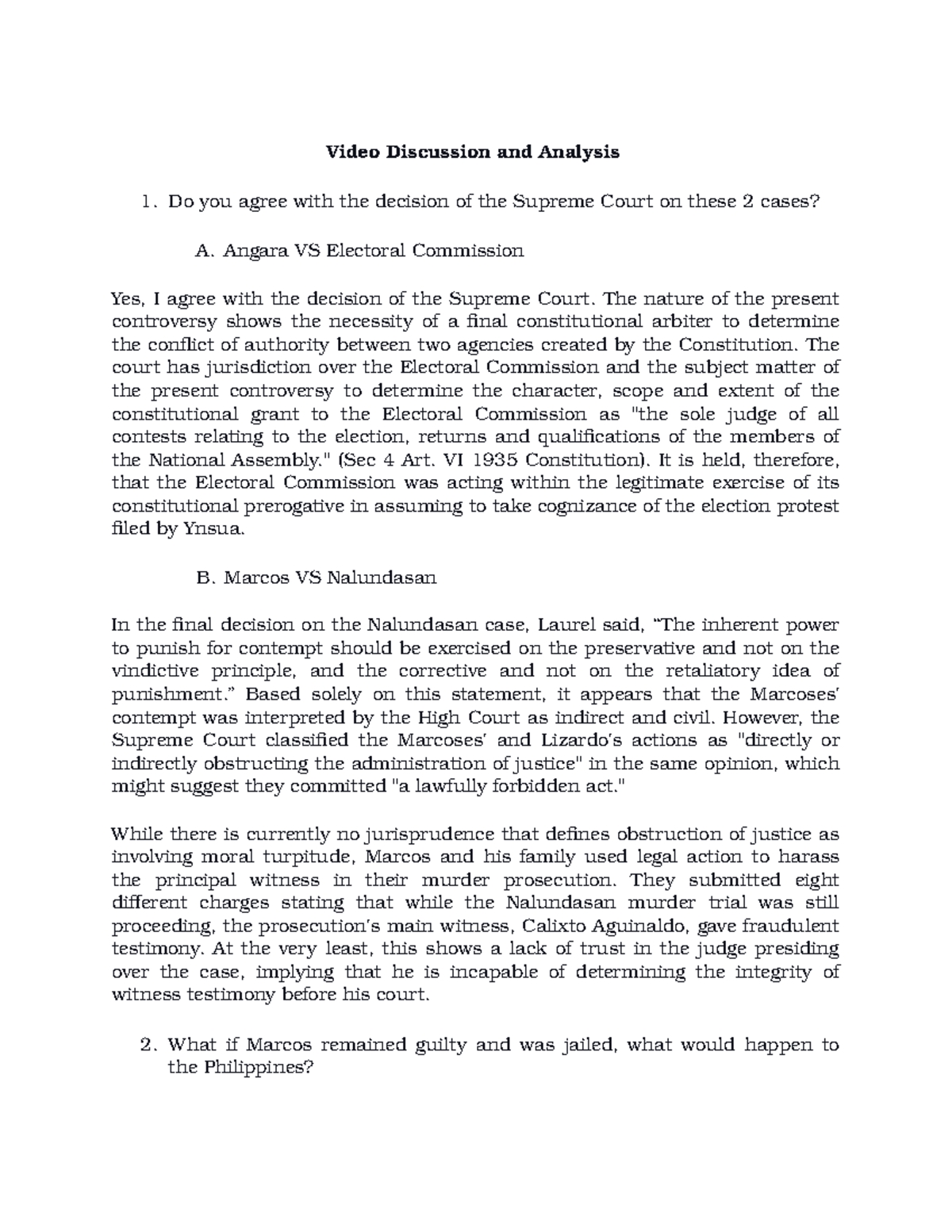Video Analysis - B. Marcos VS Nalundasan - AB Foreign Service - Studocu