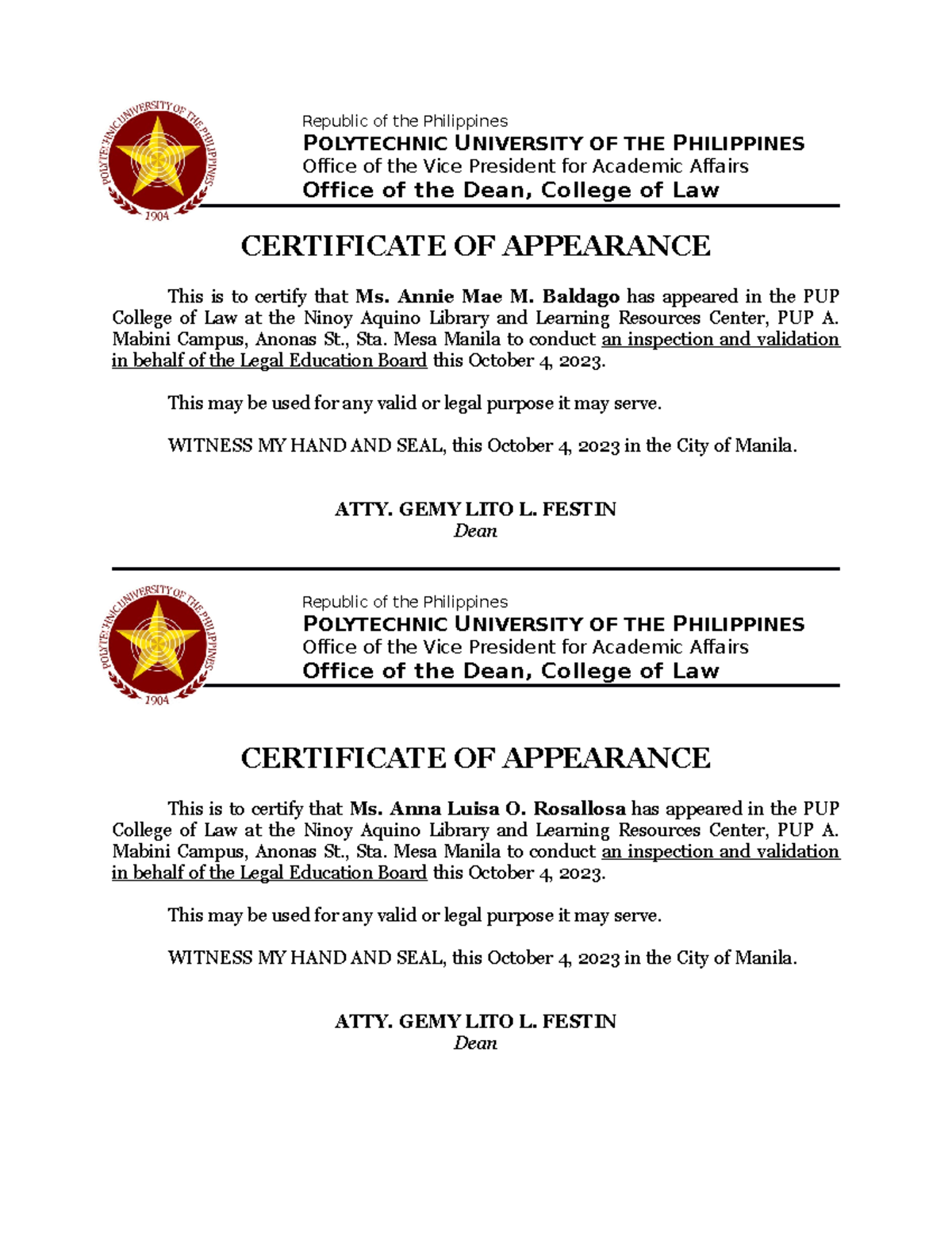 Cert of Appearance 1 - asfdghfg - Republic of the Philippines ...