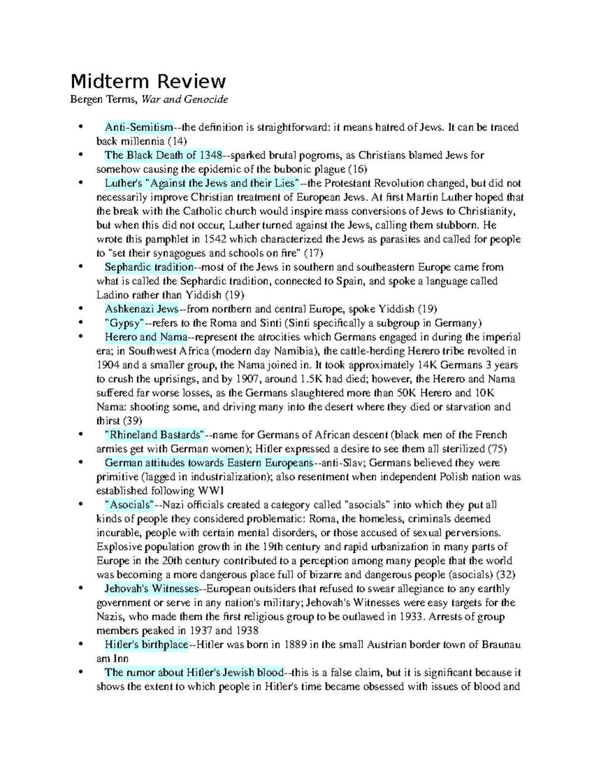 Midterm Review - Helmut Smith - Midterm Review Bergen Terms, War and ...