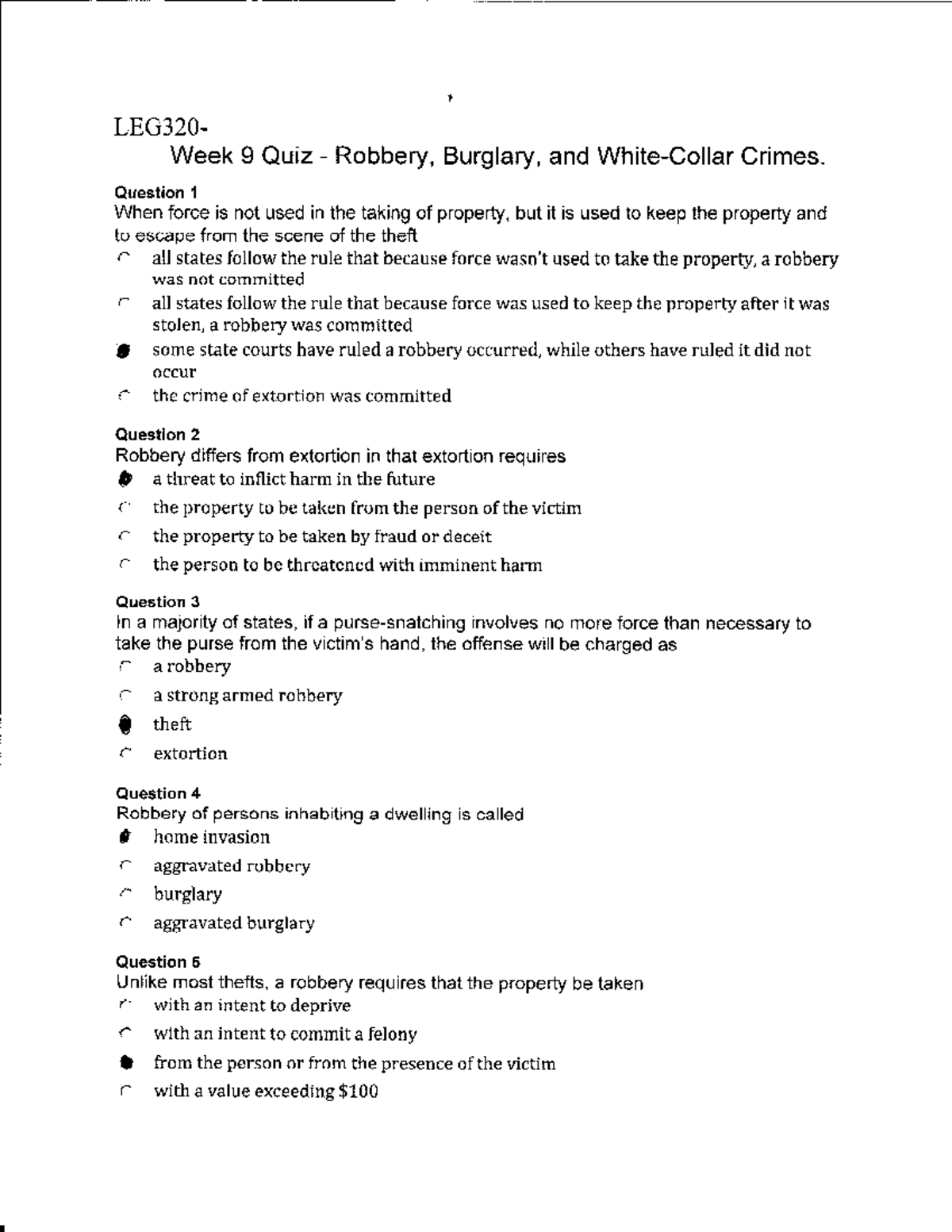 LEG320 Robbery,Burglary and whitevcollar crimes quiz - LEG 320 - Studocu