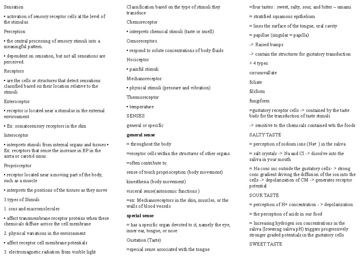 Sensation - Sensation activation of sensory receptor cells at the level ...