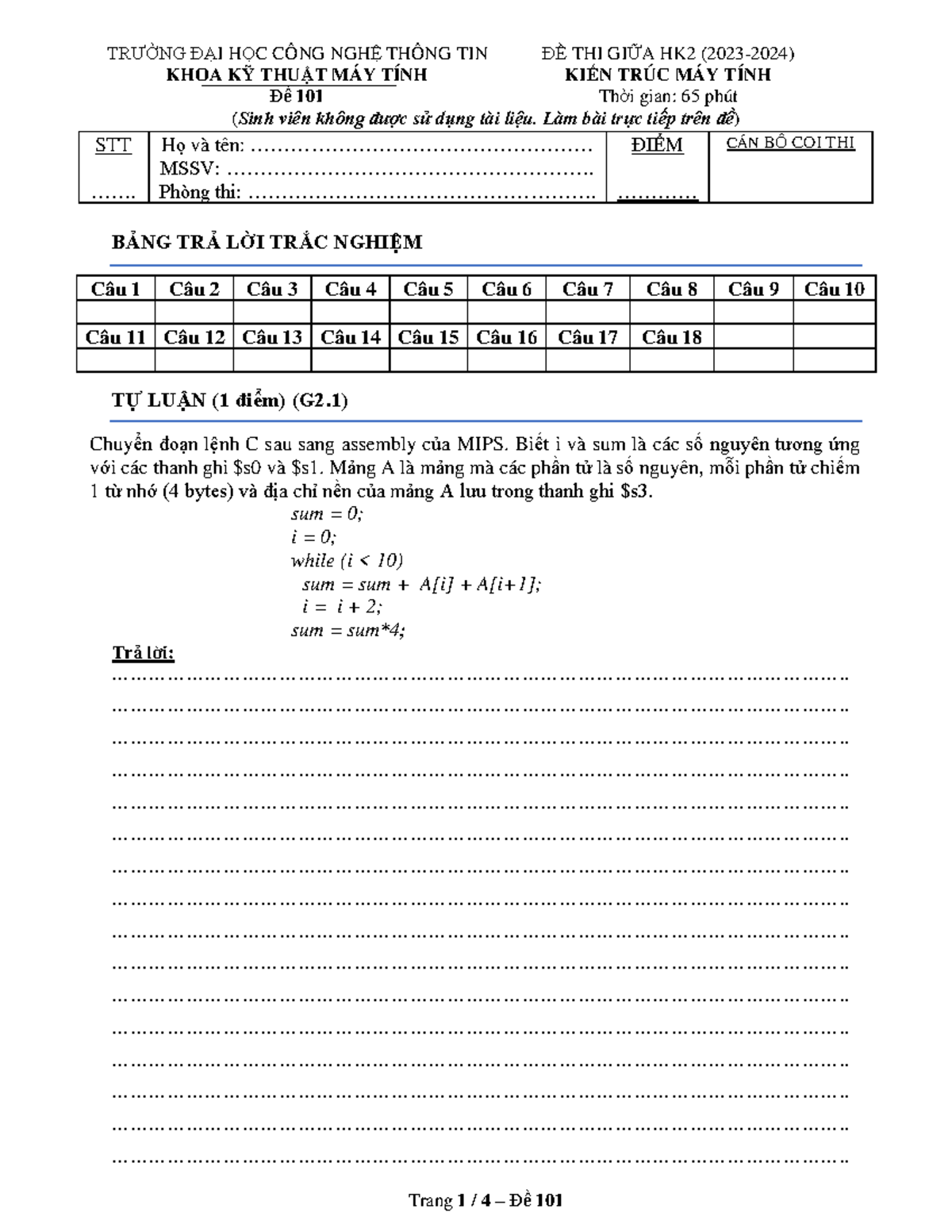 Midterm HK2 2023-2024 - Đề thi IT006 2023/2024 UIT - TRƯỜNG ĐẠI HỌC ...