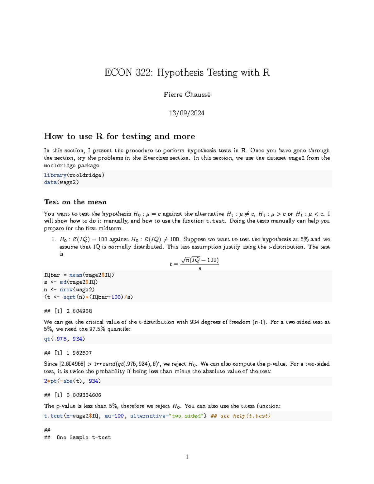 Hypo Test - r-file - ECON 322: Hypothesis Testing with R Pierre Chaussé ...