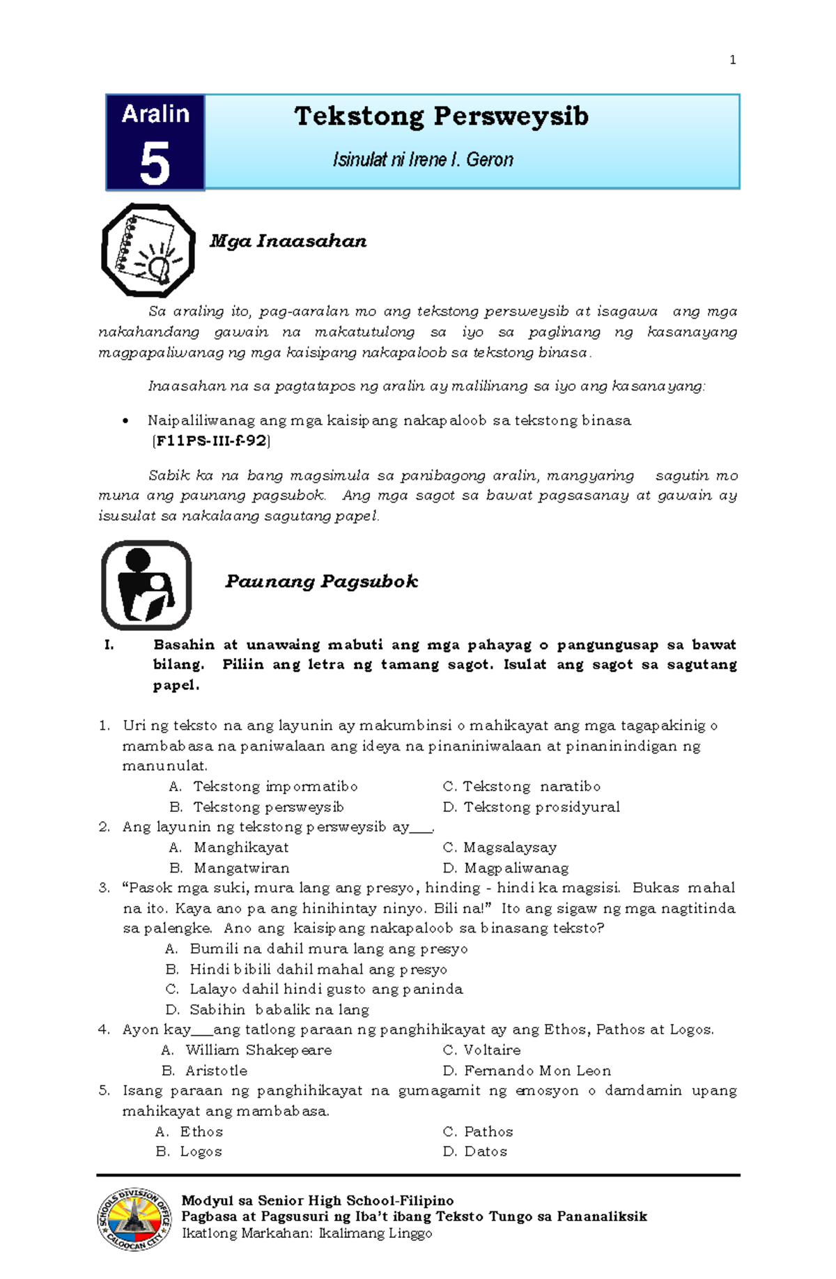 Pagbasa at Pagsusuri Filipino 11 Q3 W5 - Modyul sa Senior High School ...