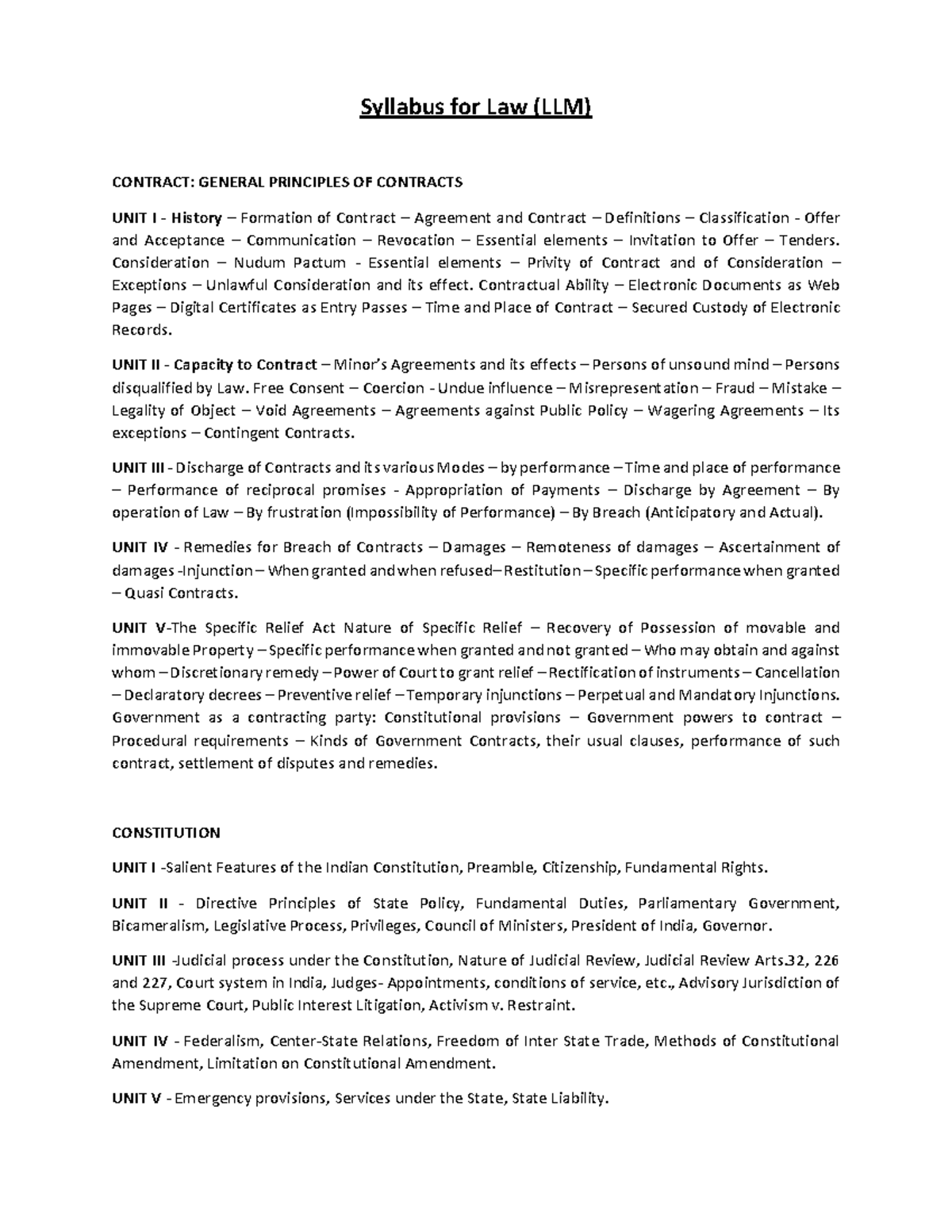 Syllabus cuet - Syllabus for Law (LLM) CONTRACT: GENERAL PRINCIPLES OF ...