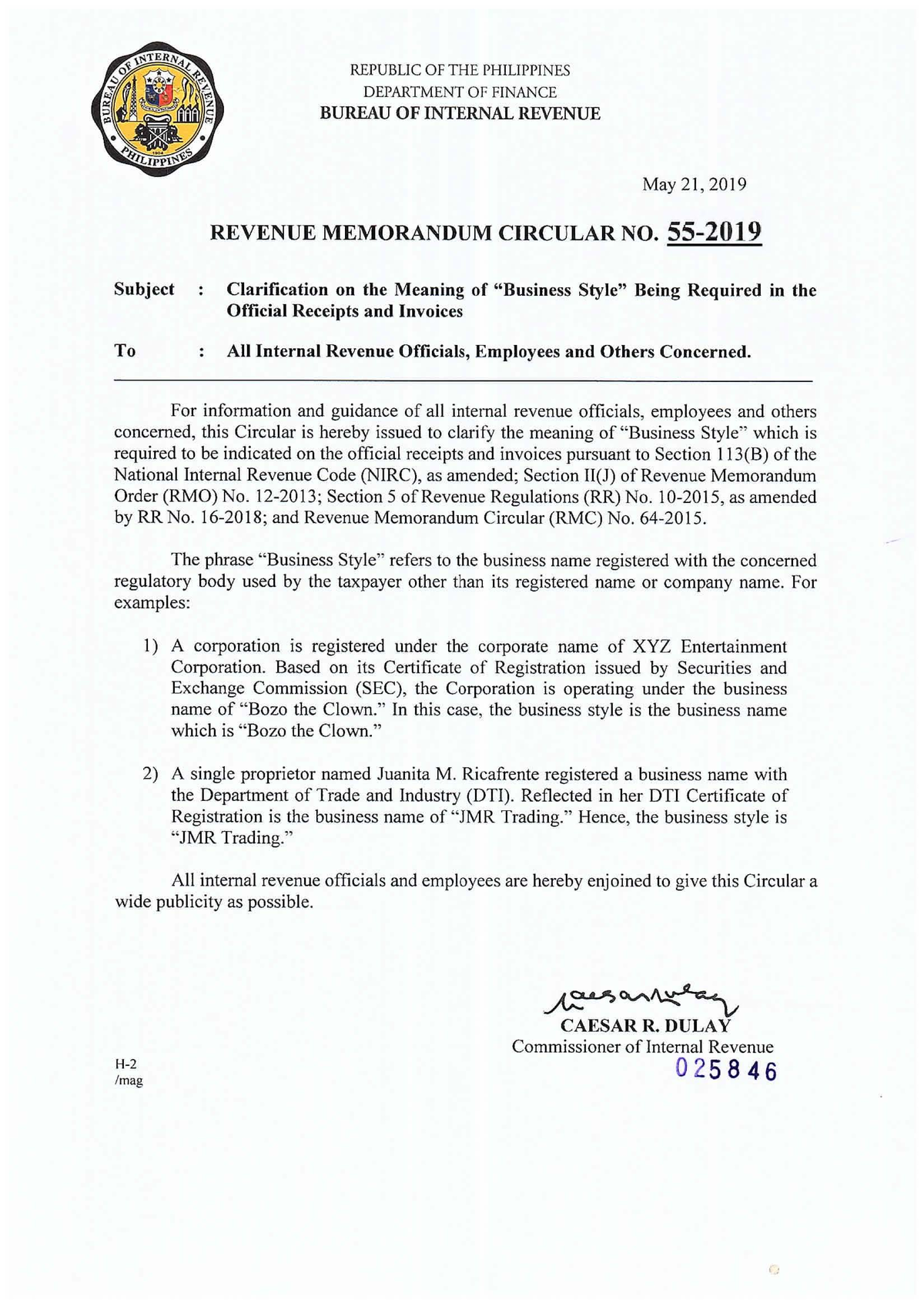 RMC No 55-2019 - BIR GUIDELINES - Bachelor of Science in Accountancy ...