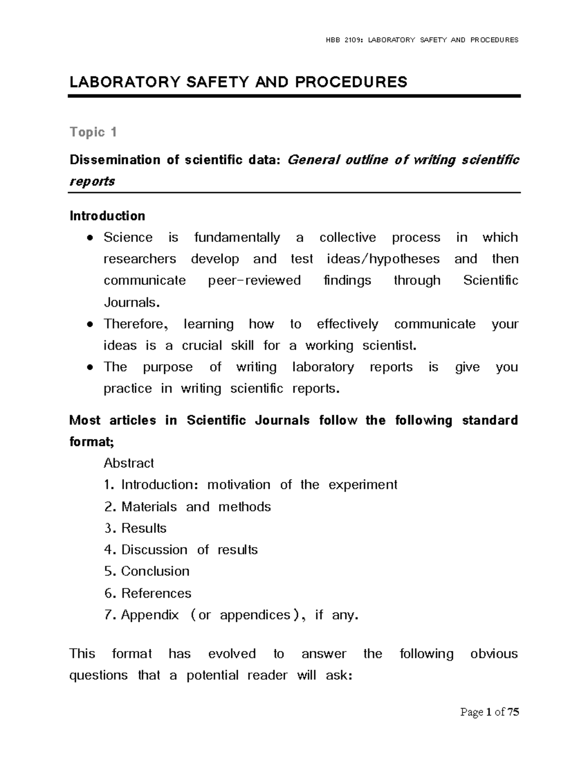 2023 Notes HBB2109 Lab safety and procedures - LABORATORY SAFETY AND ...