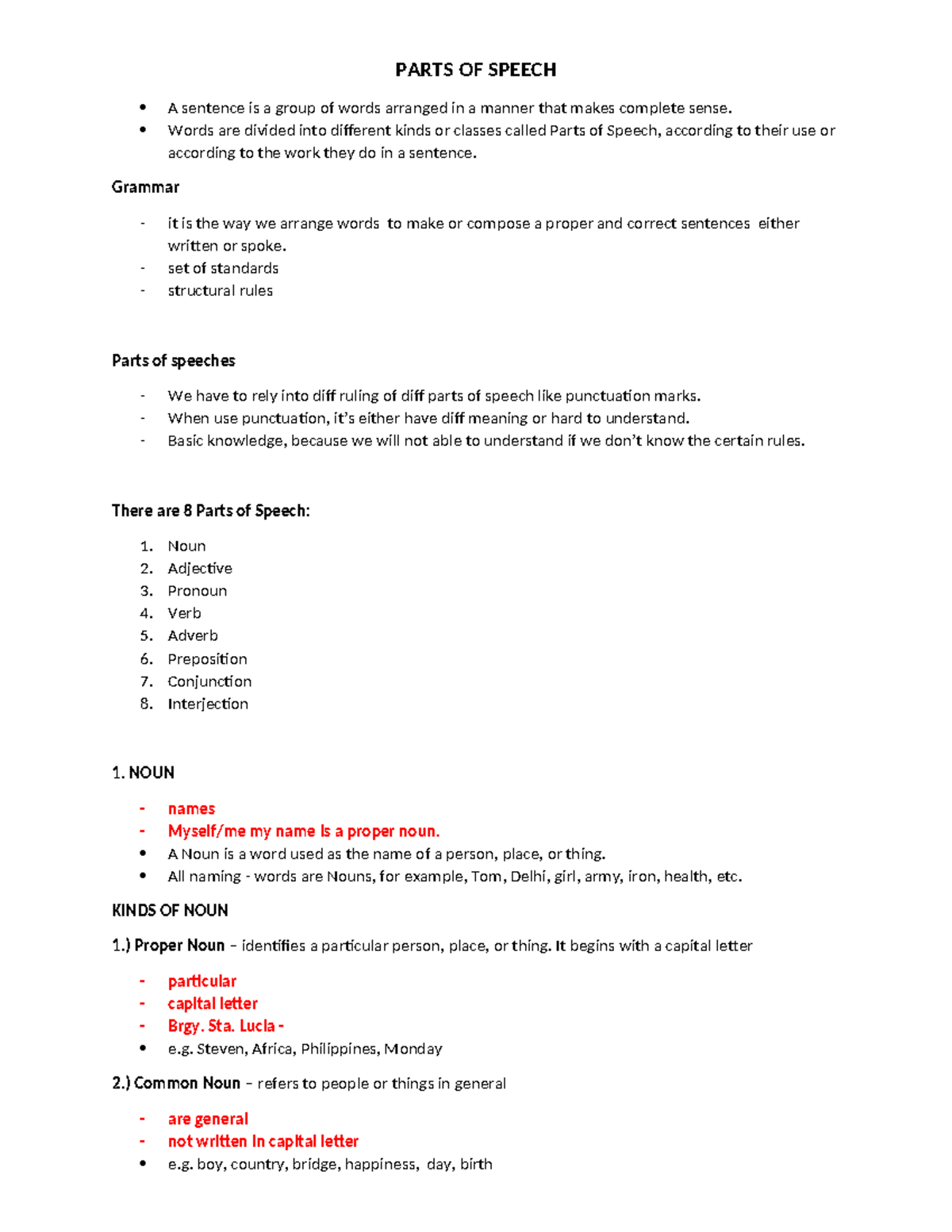 Parts-OF- Speech - NOTES REVIEWER - PARTS OF SPEECH A sentence is a ...