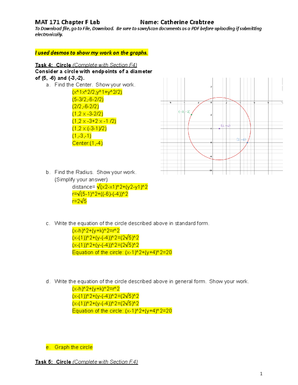 MAT 171 Chapter 1 Lab - Graded - MAT 171 Chapter F Lab Name: Catherine Crabtree To Download file ...