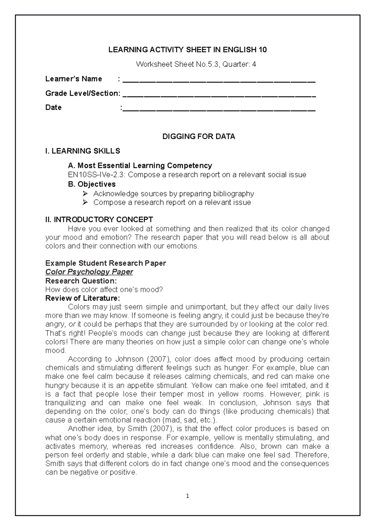 EN10-Q4 MELC 5 LAS-5 - LEARNING ACTIVITY SHEET IN ENGLISH 10 Worksheet Sheet No.5, Quarter: 4 ...