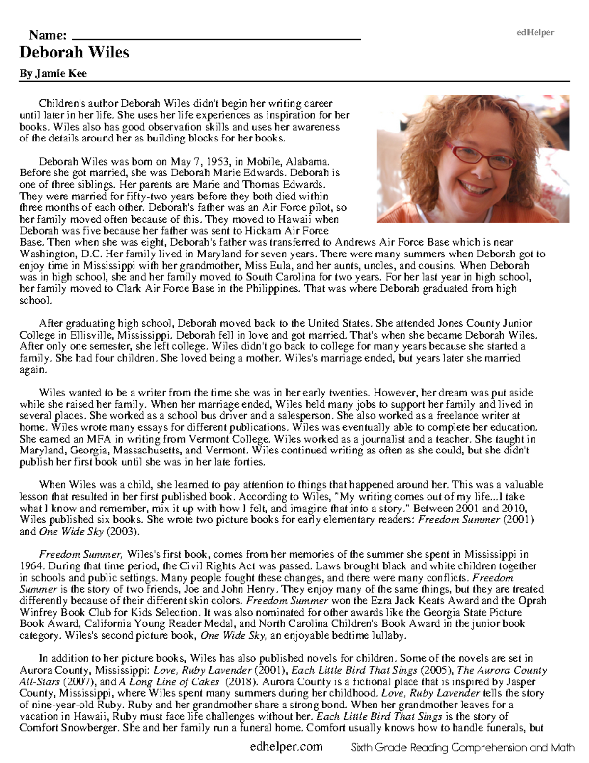 6th grade reading comprehension worksheets - Name: edHelper Deborah ...
