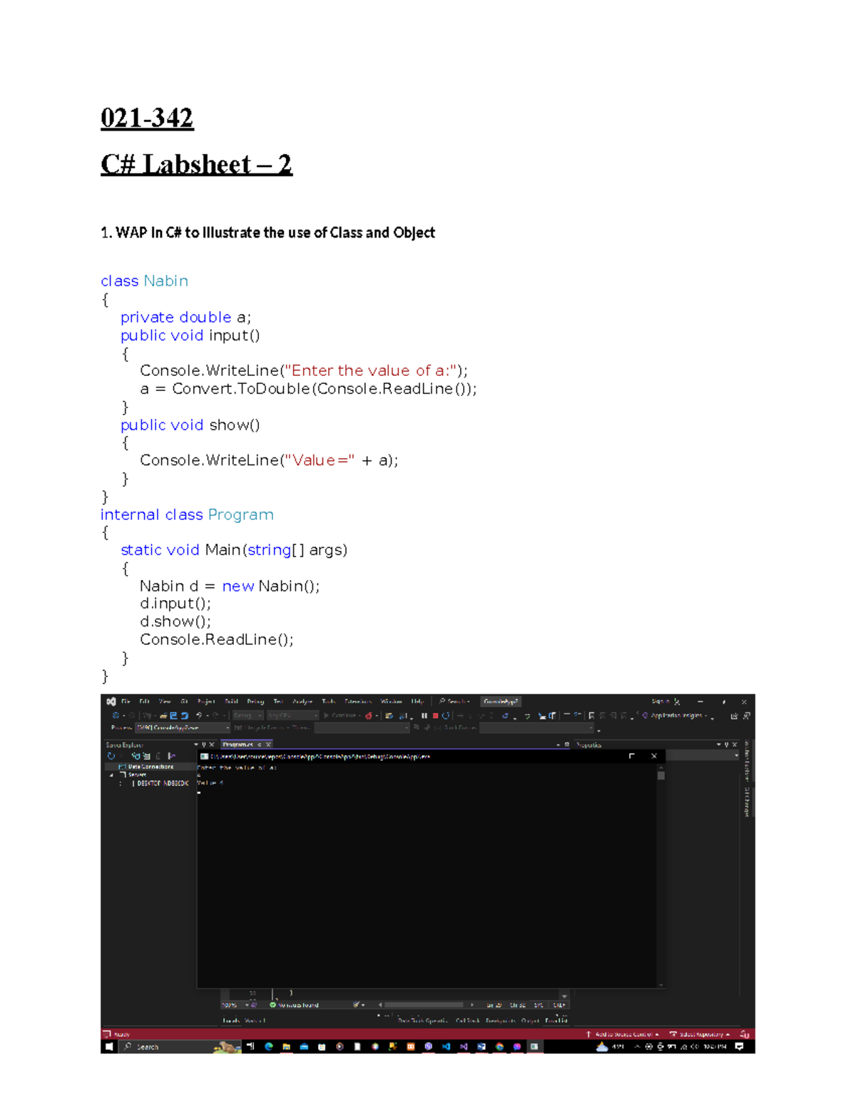C# Labsheet 2 - djnjen - 021- C# Labsheet – 2 WAP in C# to Illustrate ...