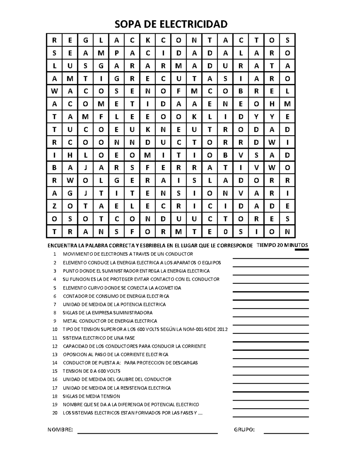 SOPA DE Letras Electricidad - R E G L A C K C O N T A C T O S S E A M P ...
