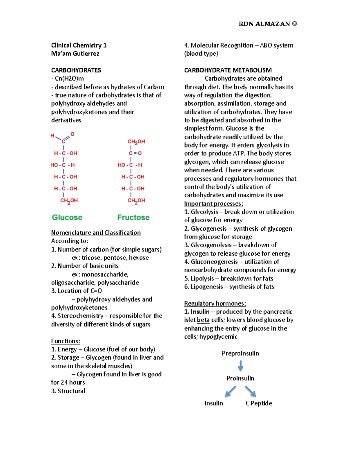 CC1 - Carbohydrates - summaries - Clinical Chemistry 1 Ma’am Gutierrez ...