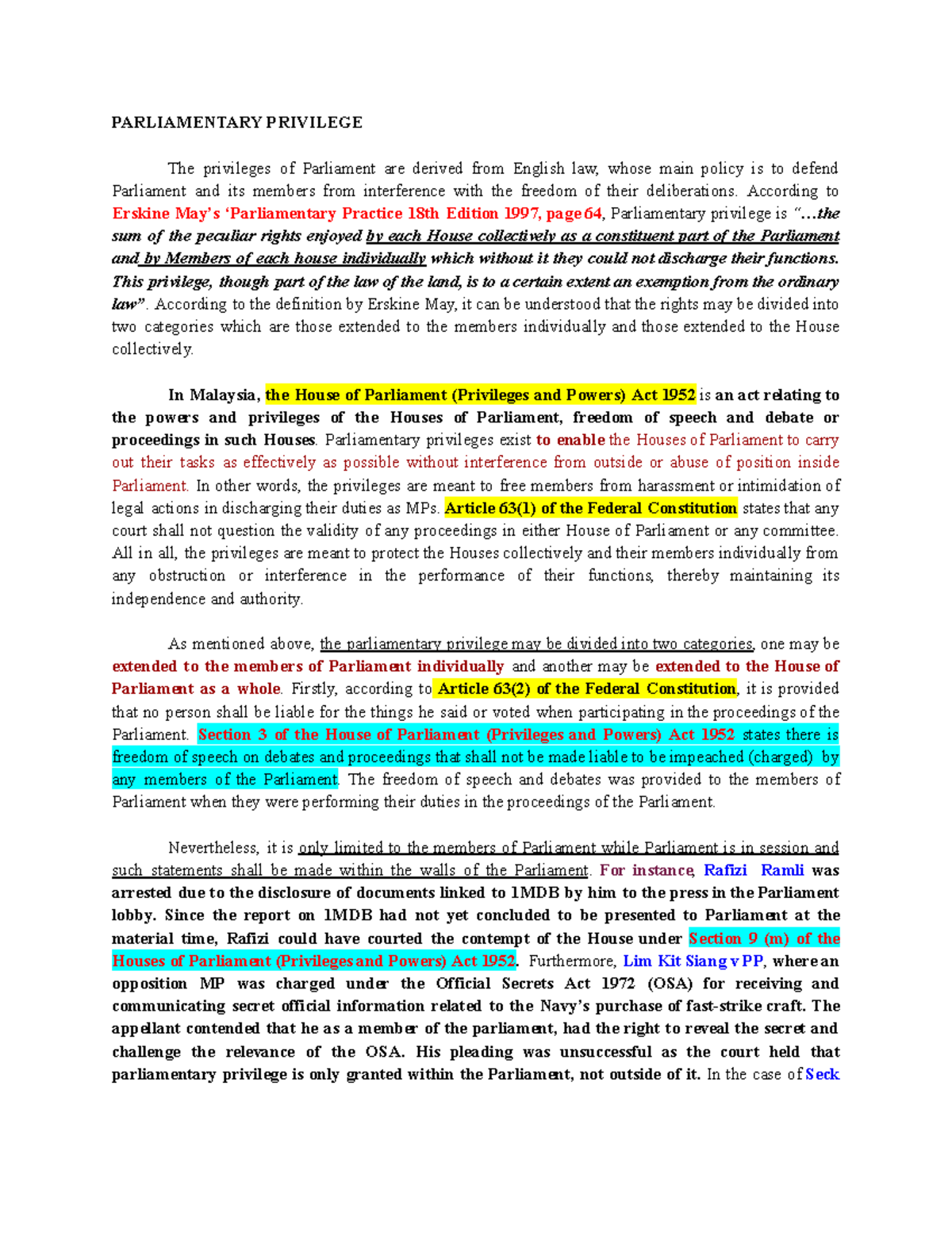 Costitutional Law Essays - PARLIAMENTARY PRIVILEGE The privileges of ...