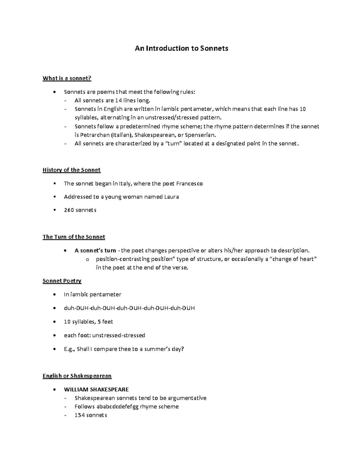 An Introduction to Sonnets - English Literature - Studocu