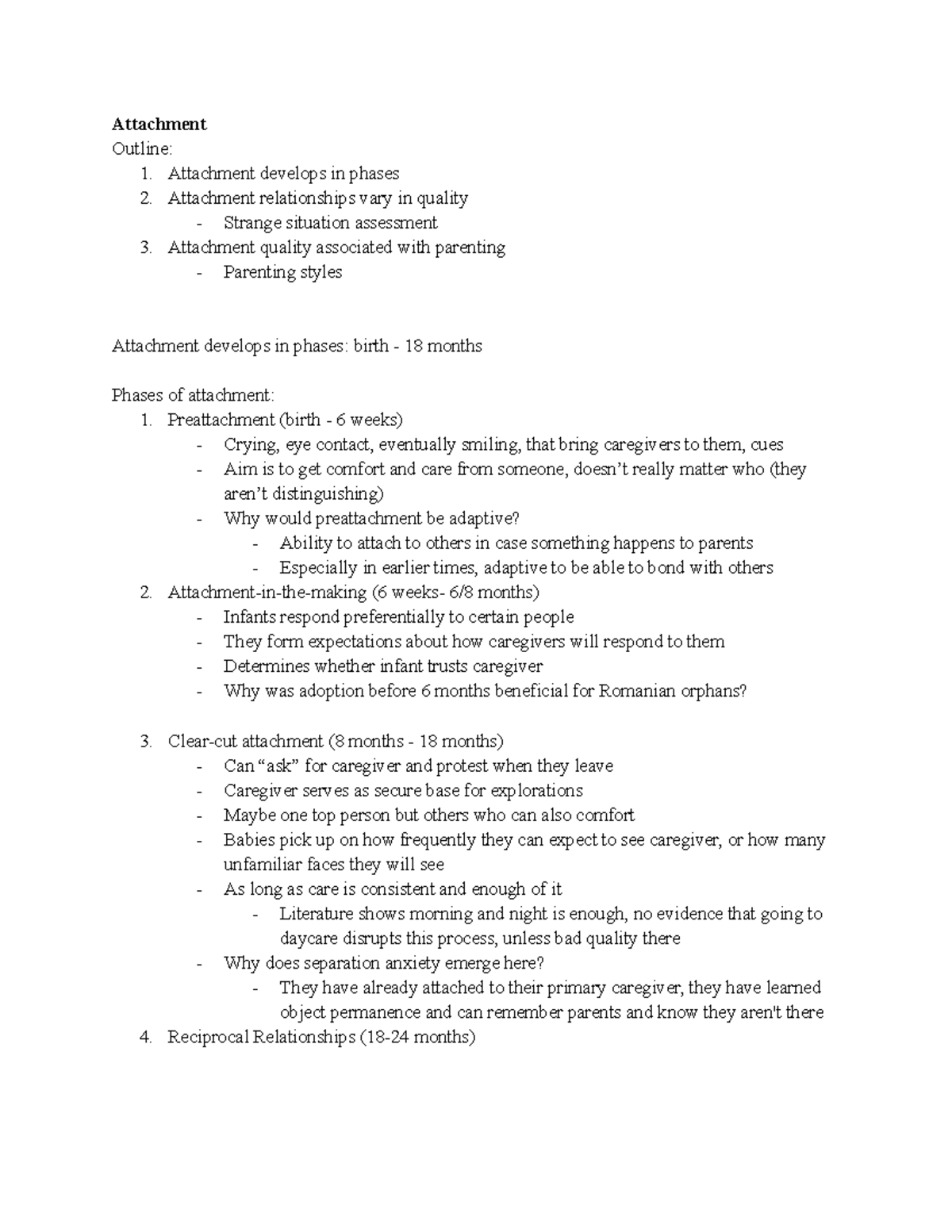 Attachment - Attachment Outline: 1. Attachment develops in phases 2 ...