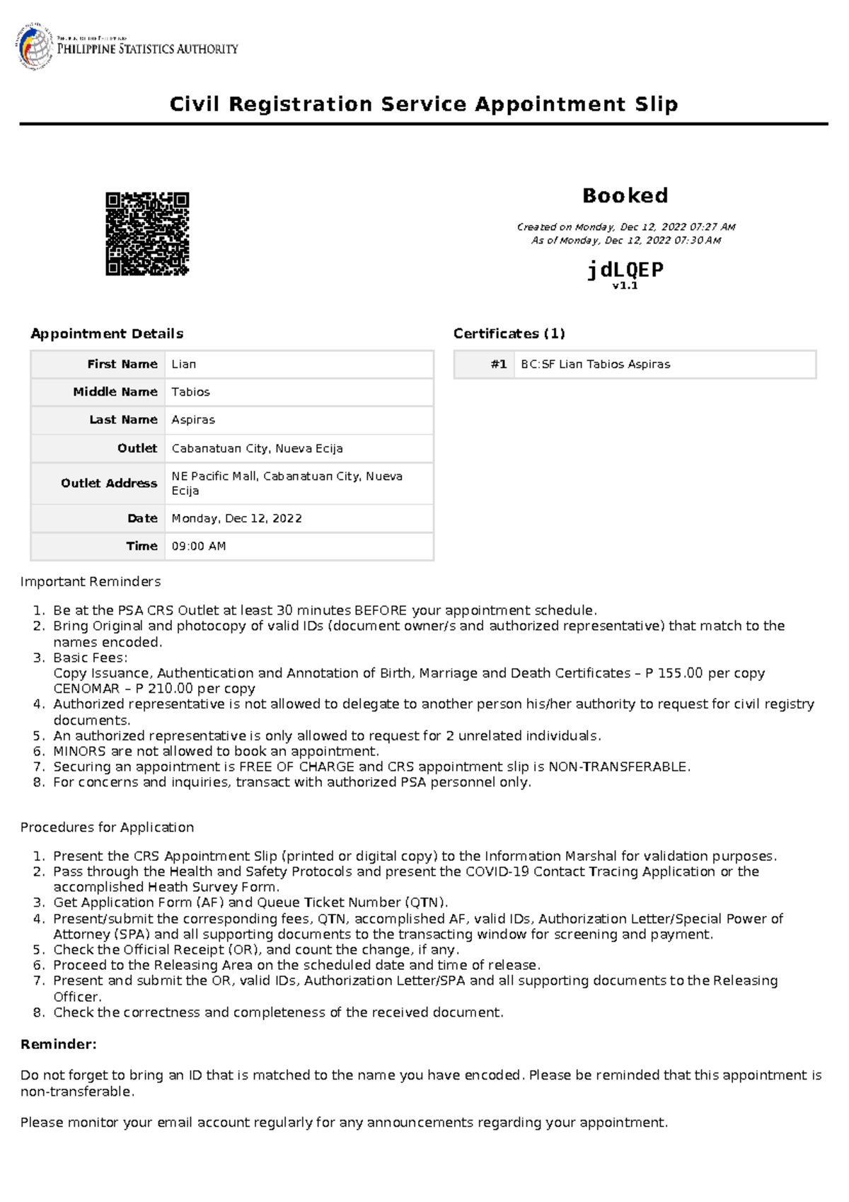 Document - Civil Registration Service Appointment Slip Booked Created ...