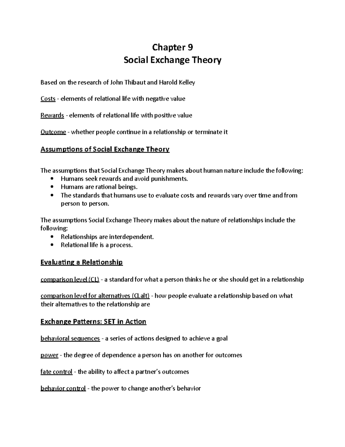 Chapter 9 Notes - Chapter 9 Social Exchange Theory Based on the ...