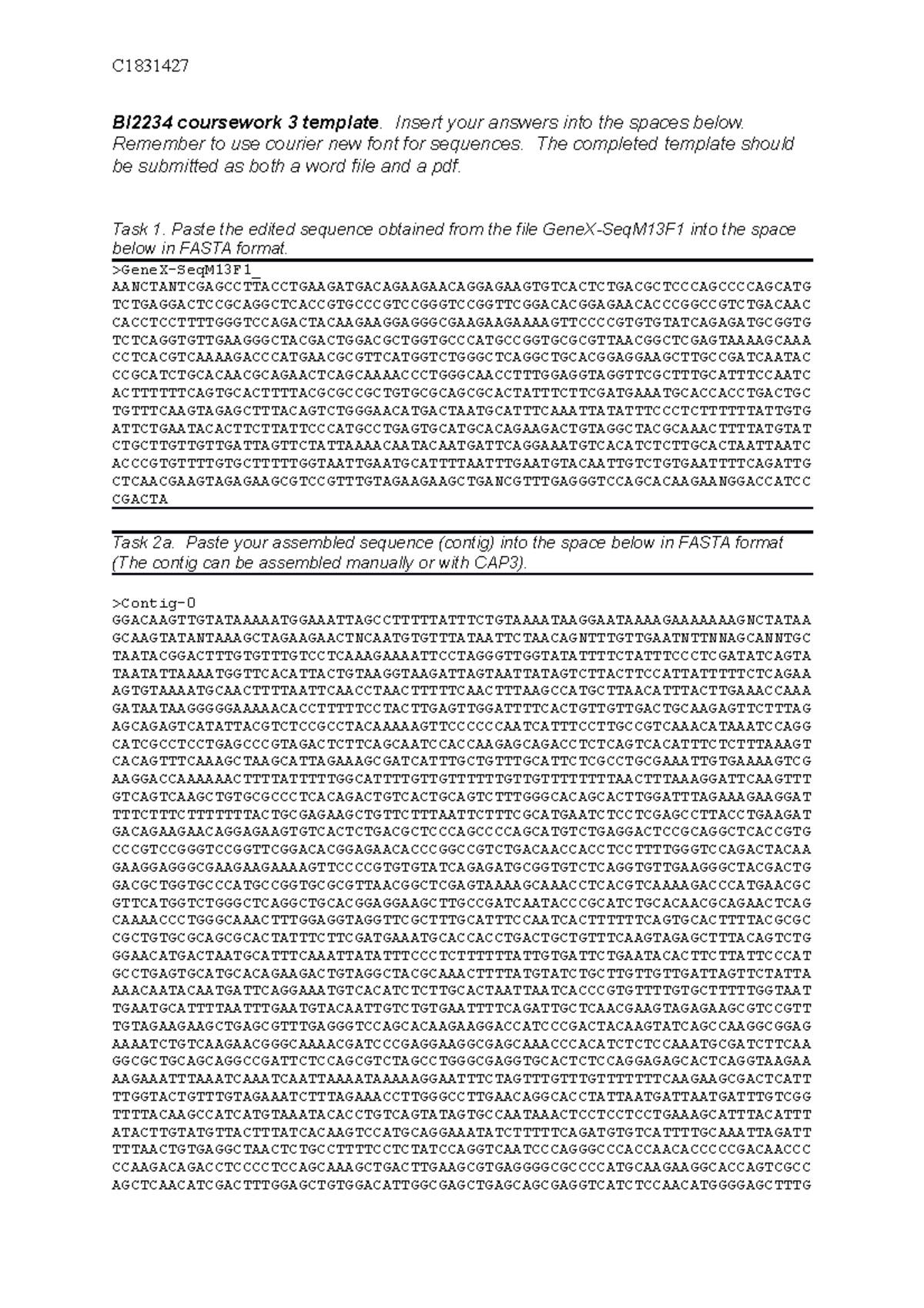 genetics course work - BI2234 coursework 3 template. Insert your ...