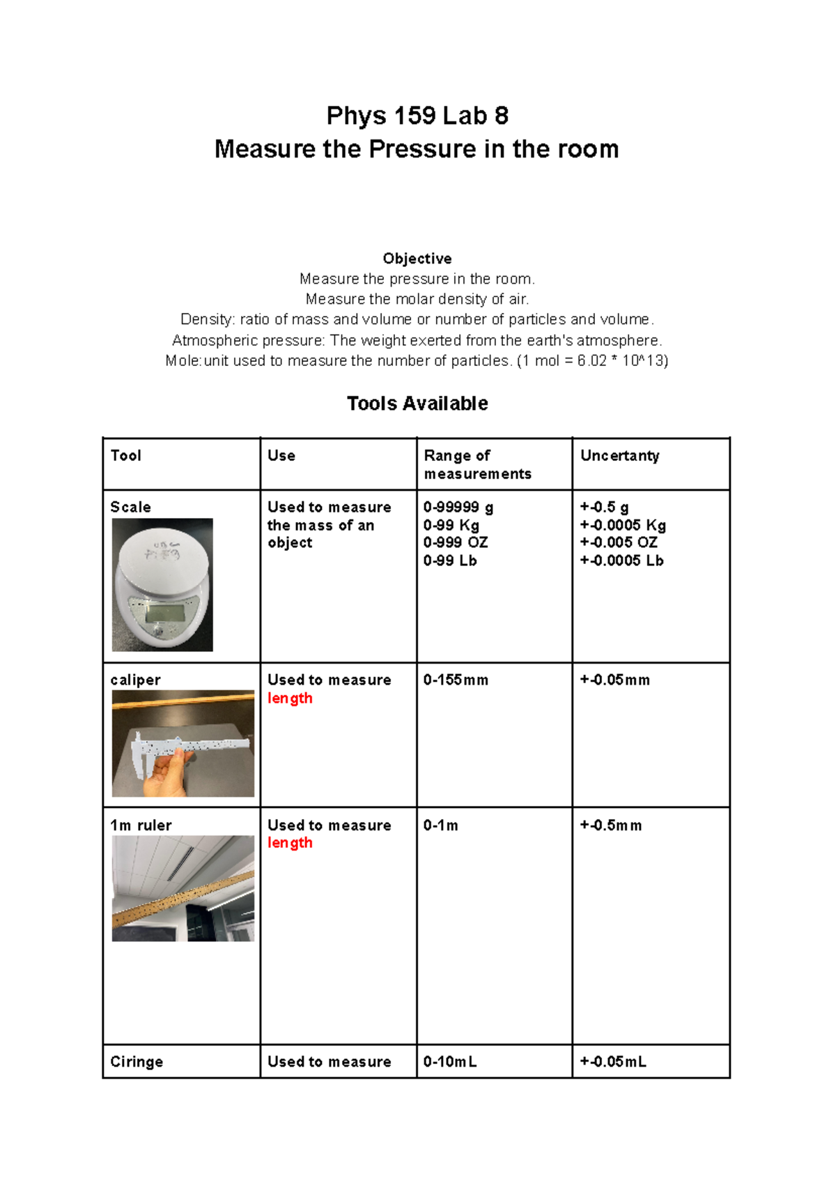 Phys 158 Lab 8 lab notes - Phys 159 Lab 8 Measure the Pressure in the ...