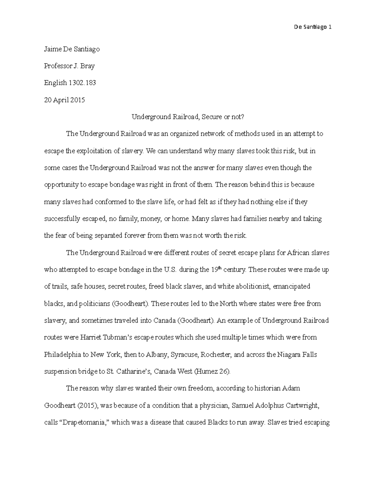 Final Rough Draft - Underground Railroad - Jaime De Santiago Professor ...