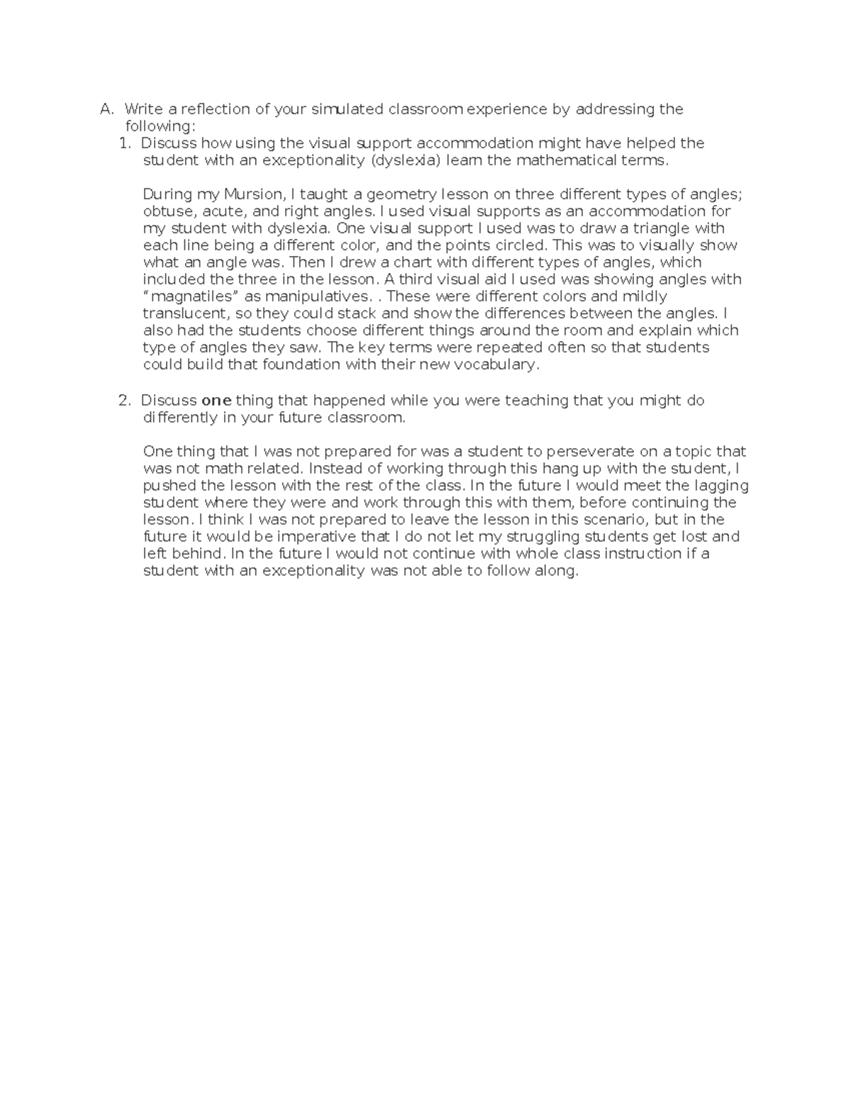 D096 - Task 2 - A. Write a reflection of your simulated classroom ...