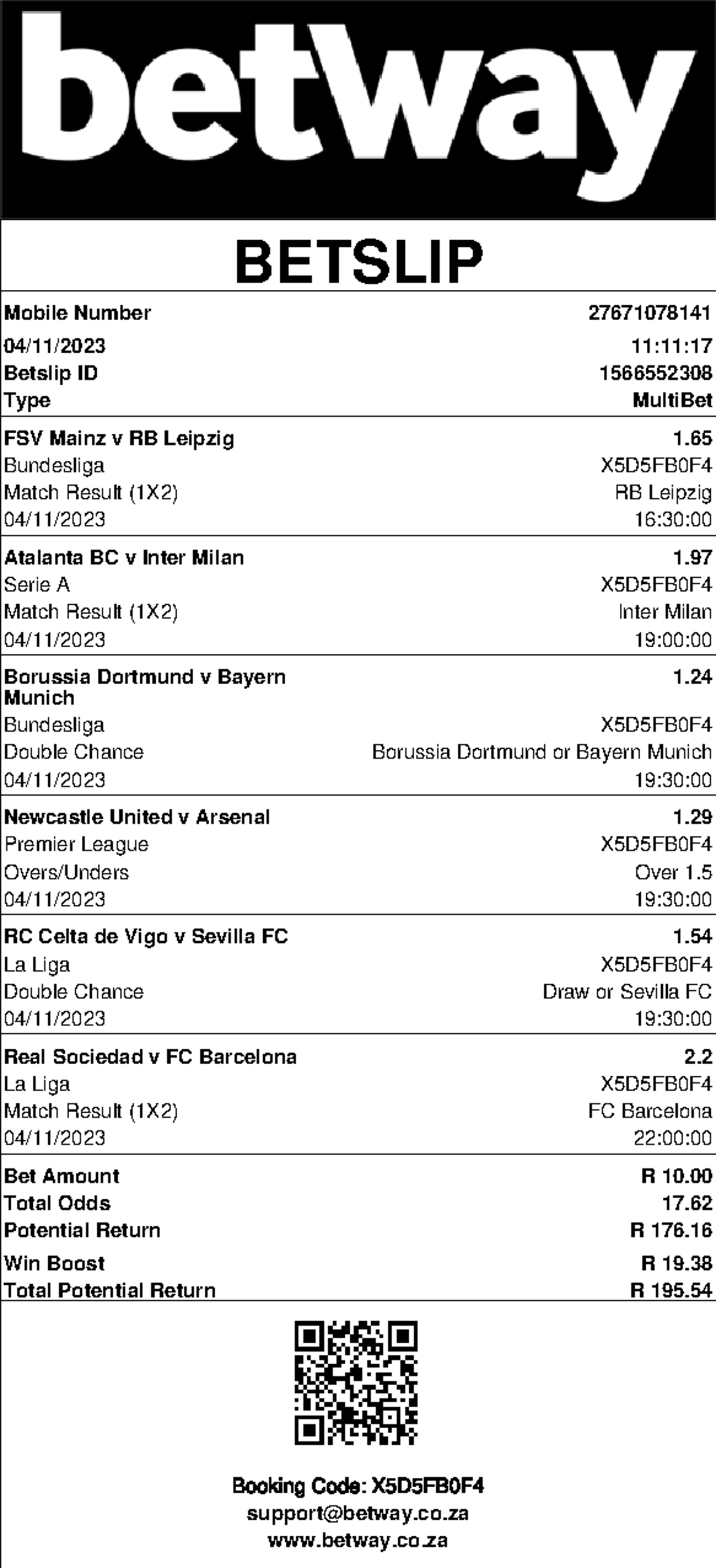 Betway X5D5FB0F4 - Soccer - BETSLIP Mobile Number 27671078141 04/11/2023 11:11: Betslip ID - Studocu