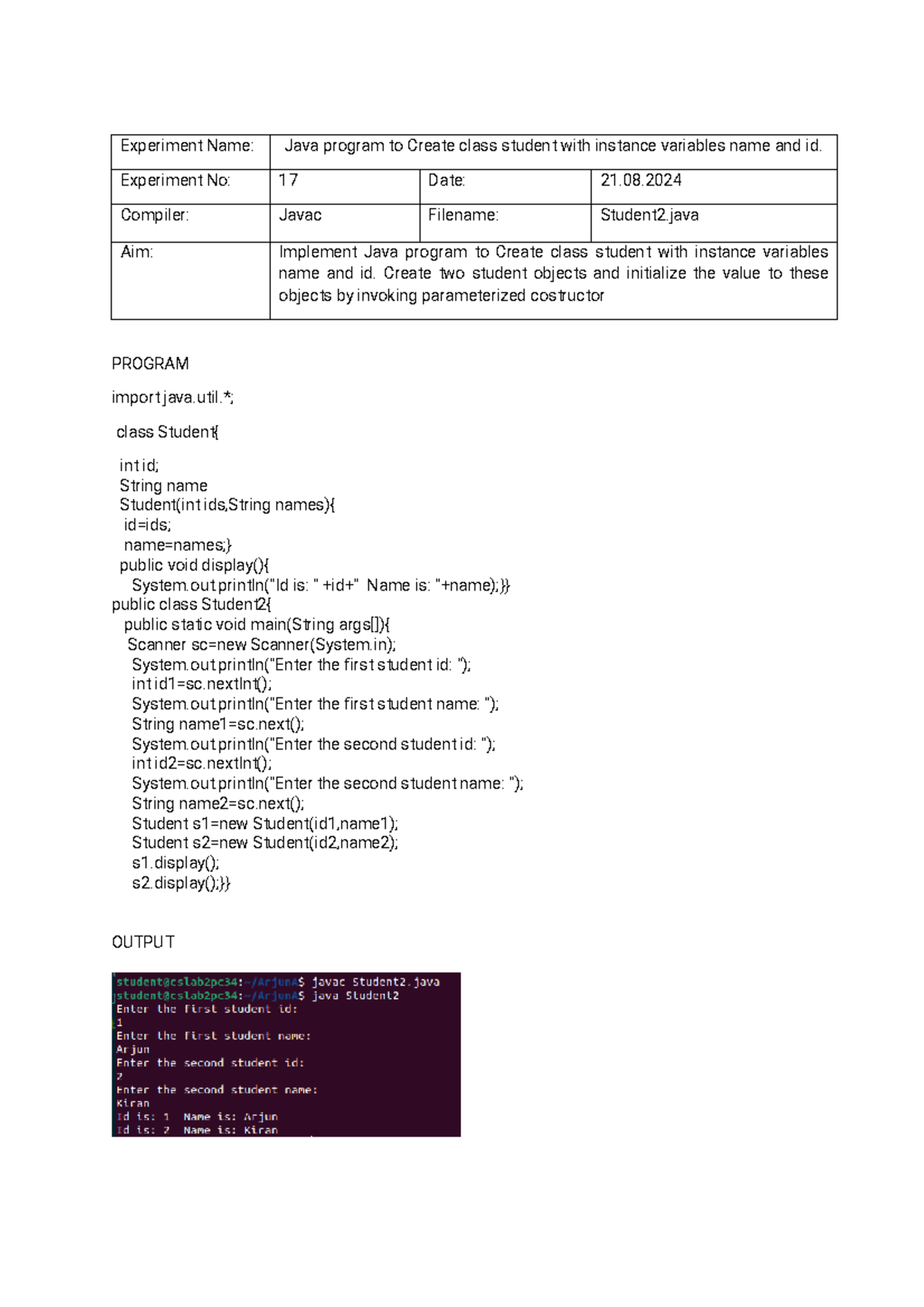Pgm 2 - Jdisi - Experiment Name: Java program to Create class student with instance variables ...