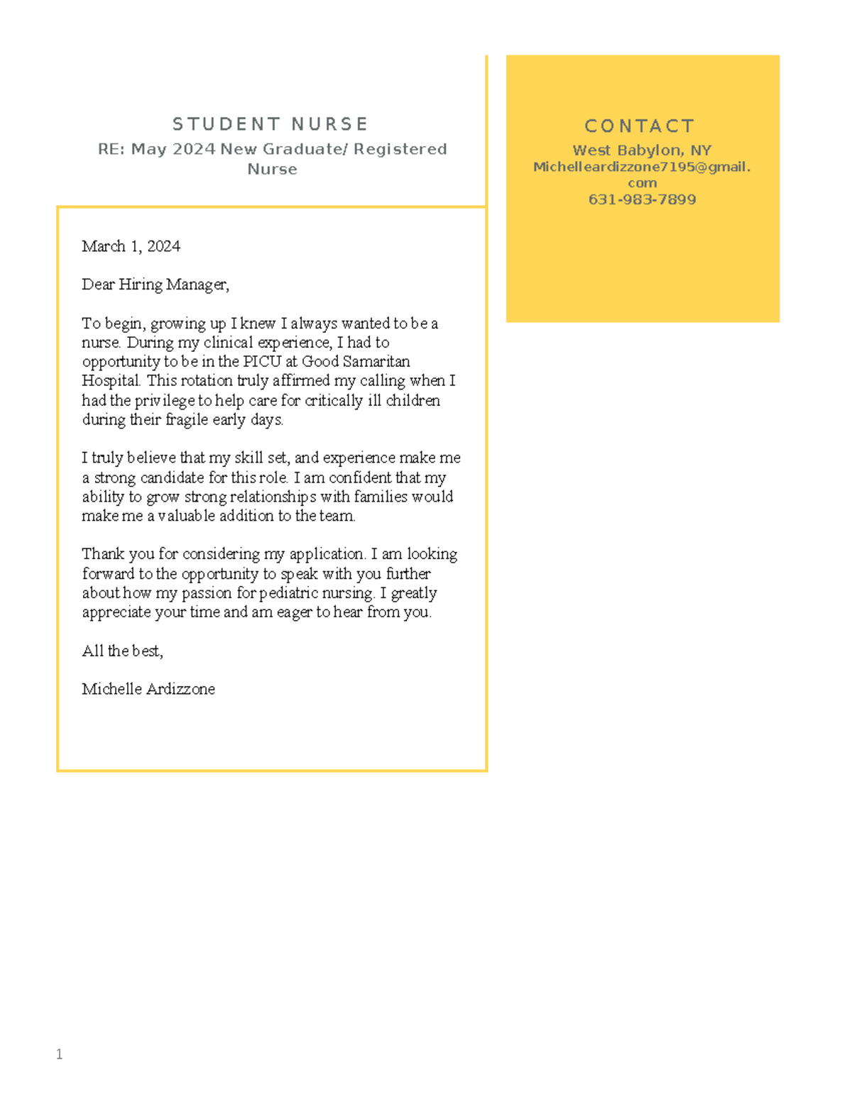 Michelle Ardizzone Cover Letter PICU - S T U D E N T N U R S E RE: May ...
