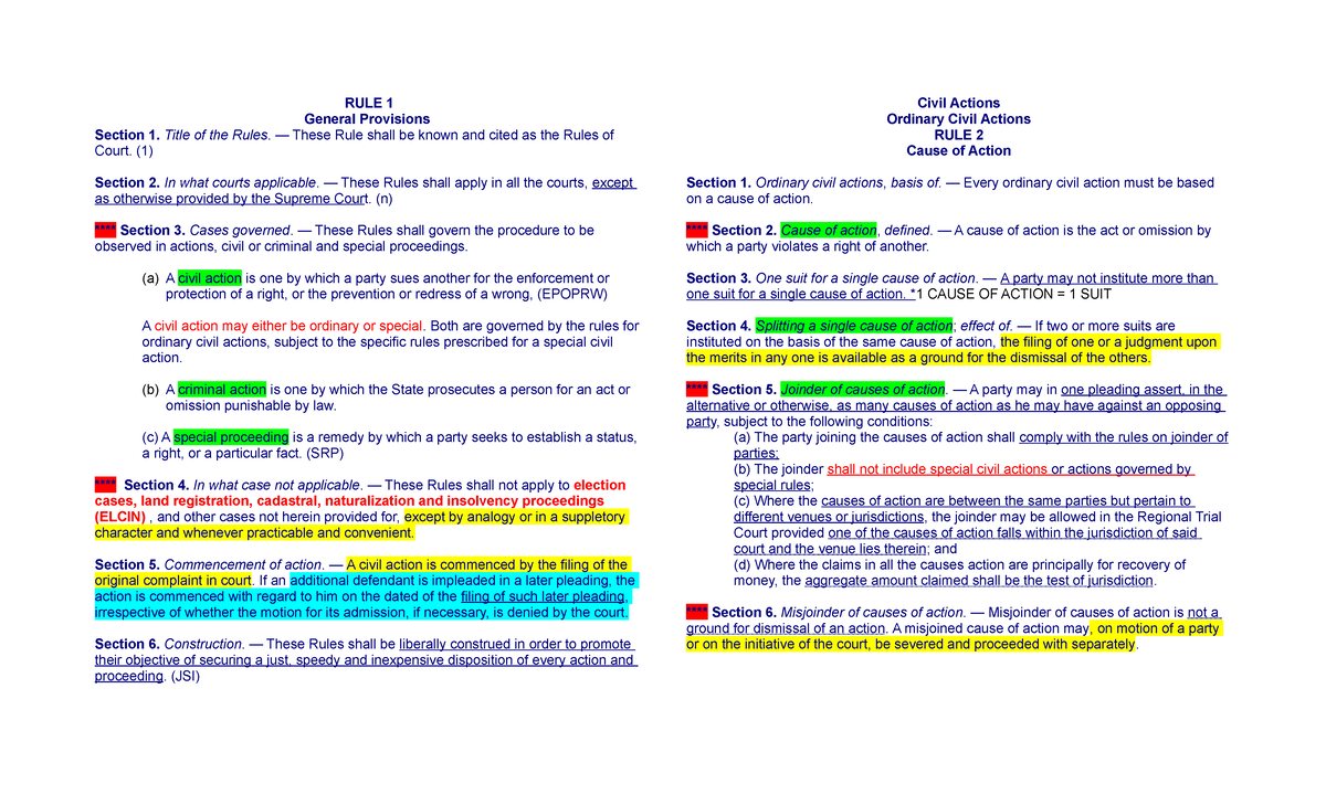 Rule 1 - Rule 6 ROC - summary notes - RULE 1 General Provisions Section ...