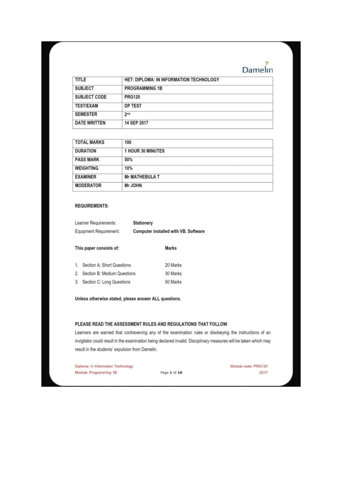 Programming 1B - 2 Damelin TITLE HET: DIPLOMA: IN INFORMATION TECHNOLOGY SUBJECT PROGRAMMING 1B ...