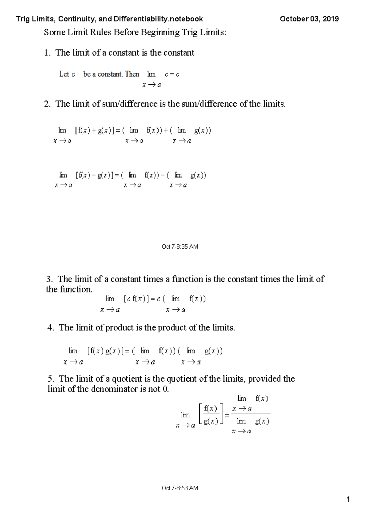 Trig Limits Notes Oct 78 35 Am Some Limit Rules Before Beginning Trig