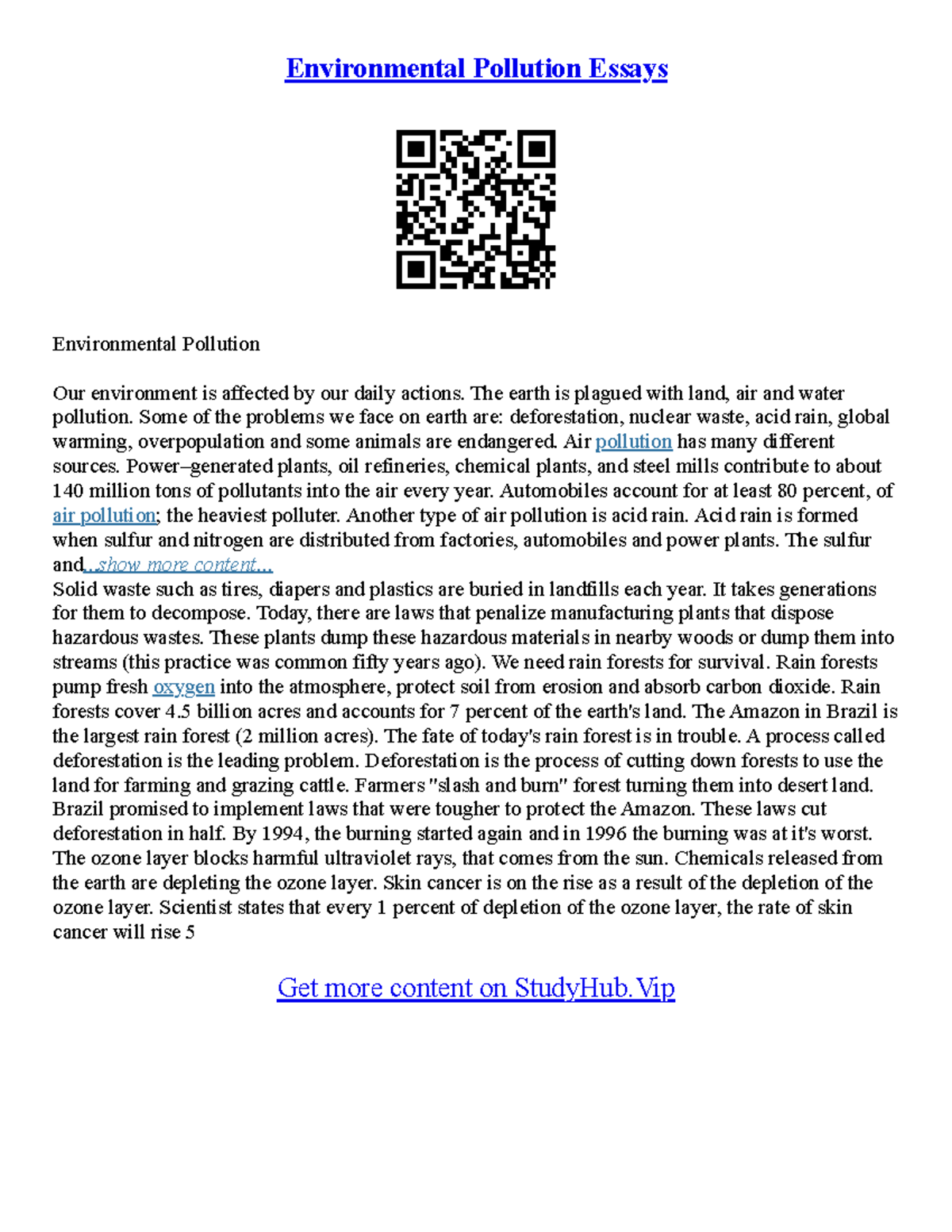 Short Essay On Environment Pollution - Environmental Pollution Essays ...