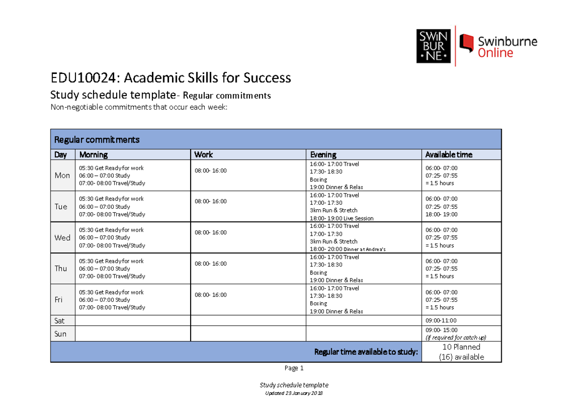 EDU10024-A1-study-schedule- supporting documentation - Page 1 Study ...