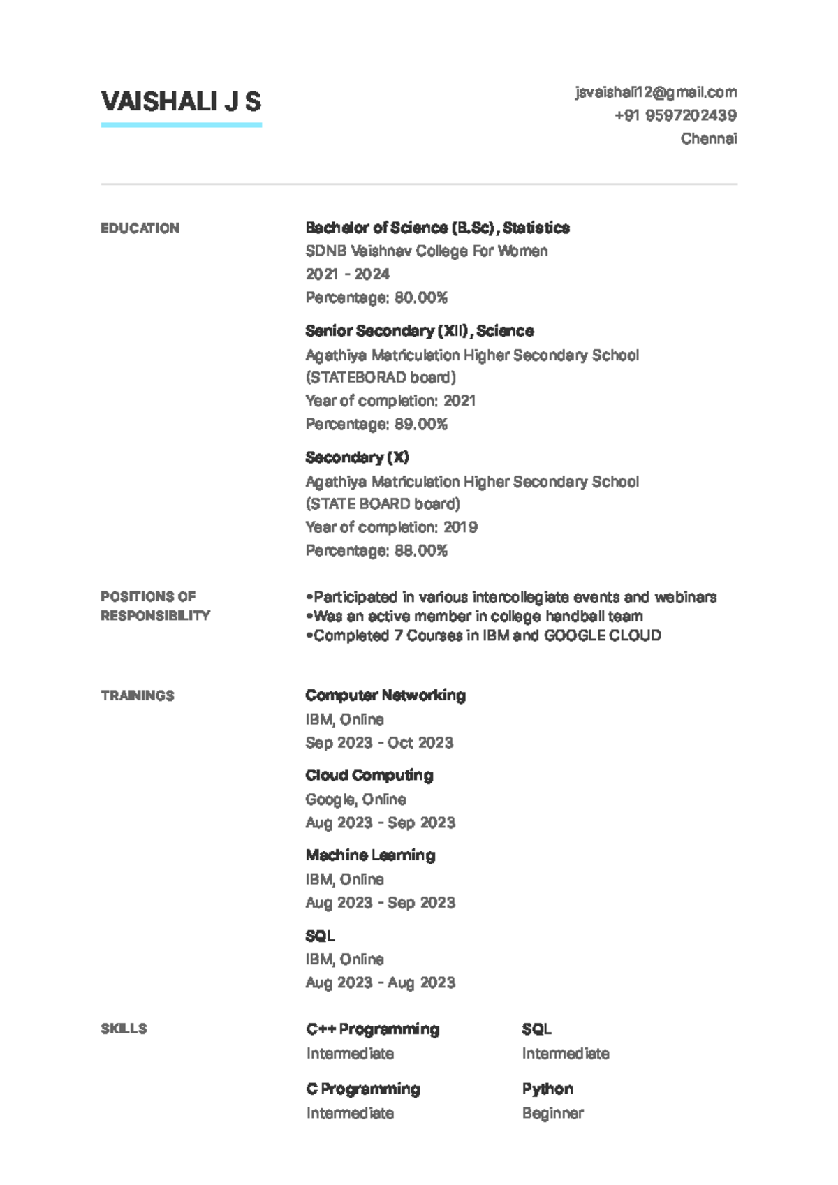 Vaishalij S Internshala Resume-8 - VAISHALI J S jsvaishali12@gmail 91 ...