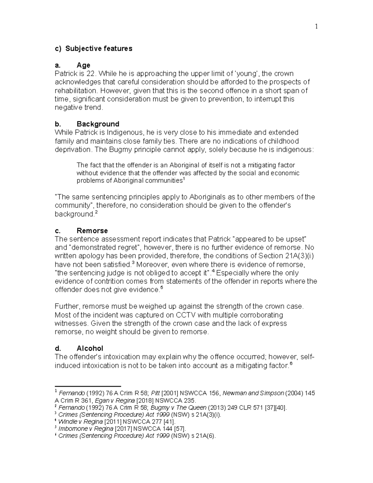 Skeleton of written submissions in NSW Local Court - c) Subjective ...