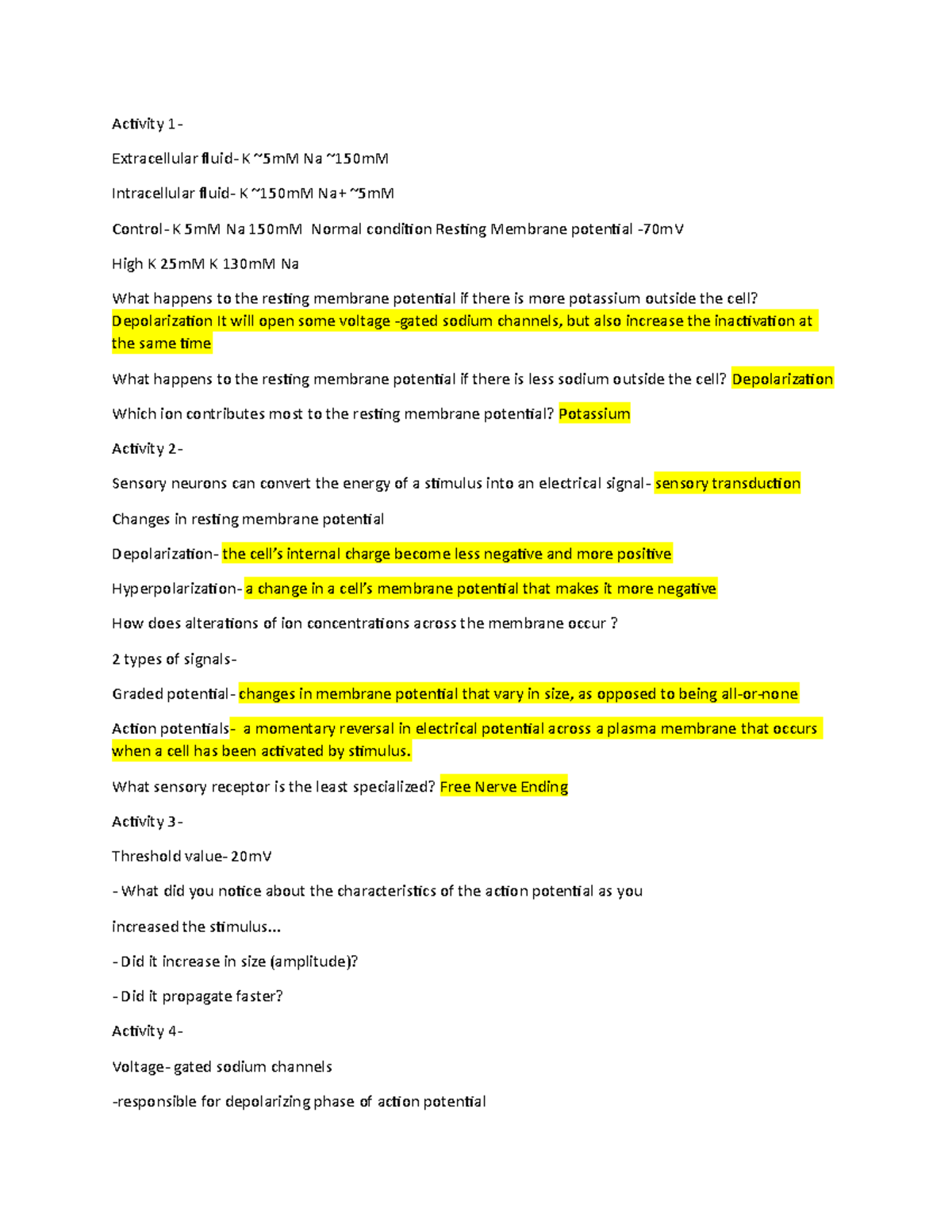 Physio Exercise - notes over each activity that I needed for my quiz ...