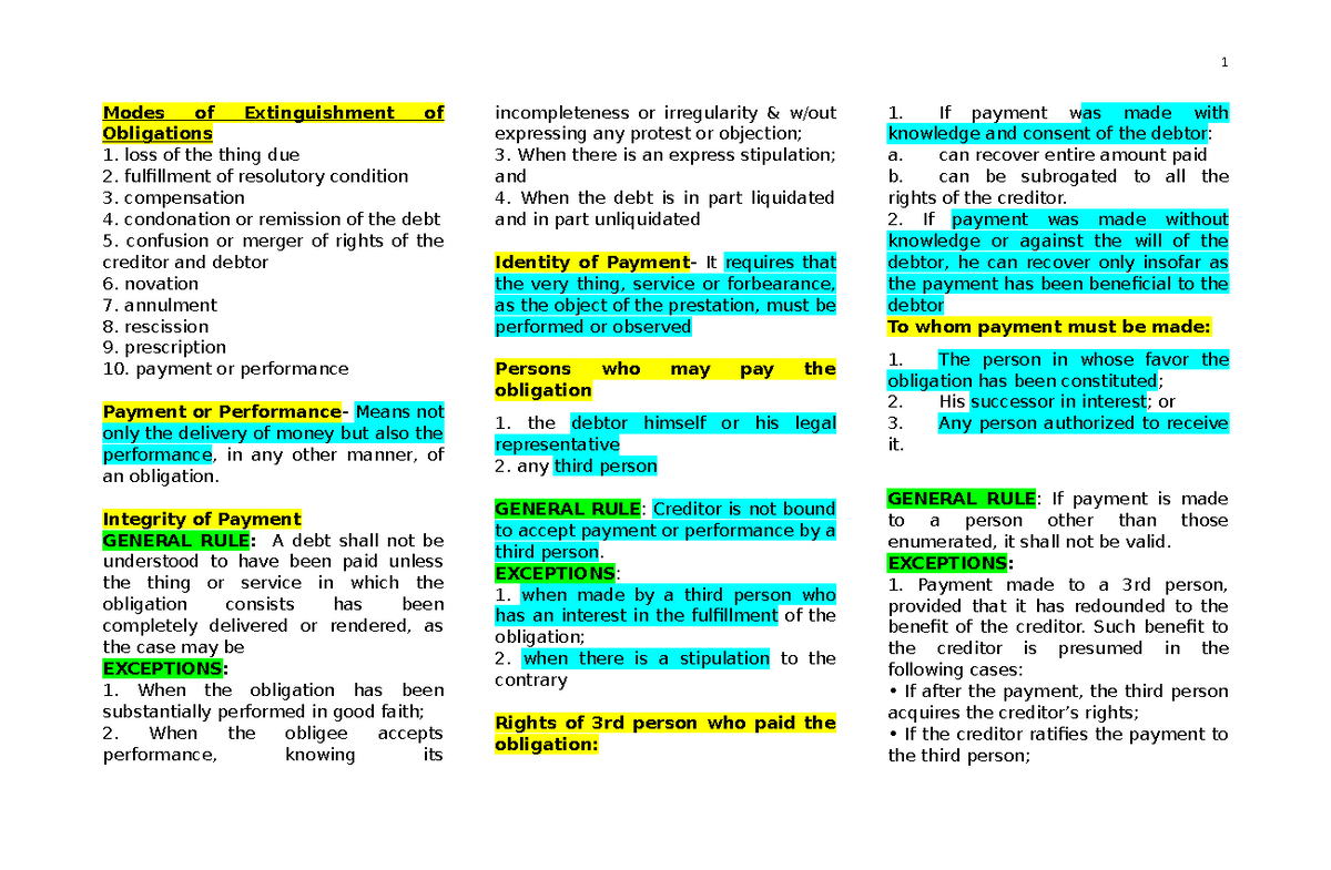 Contracts in law and obligations 2nd year - Modes of Extinguishment of ...