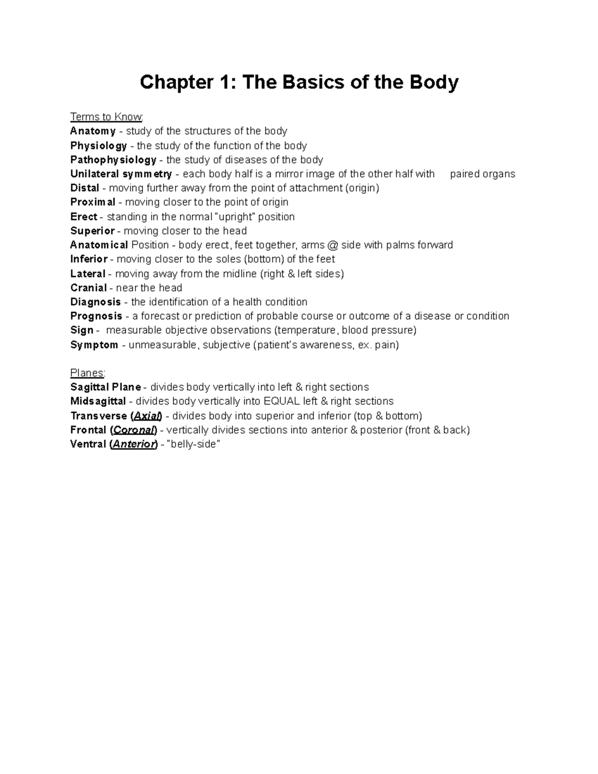 Medical Term Notes - Chapter 1: The Basics of the Body Terms to Know ...