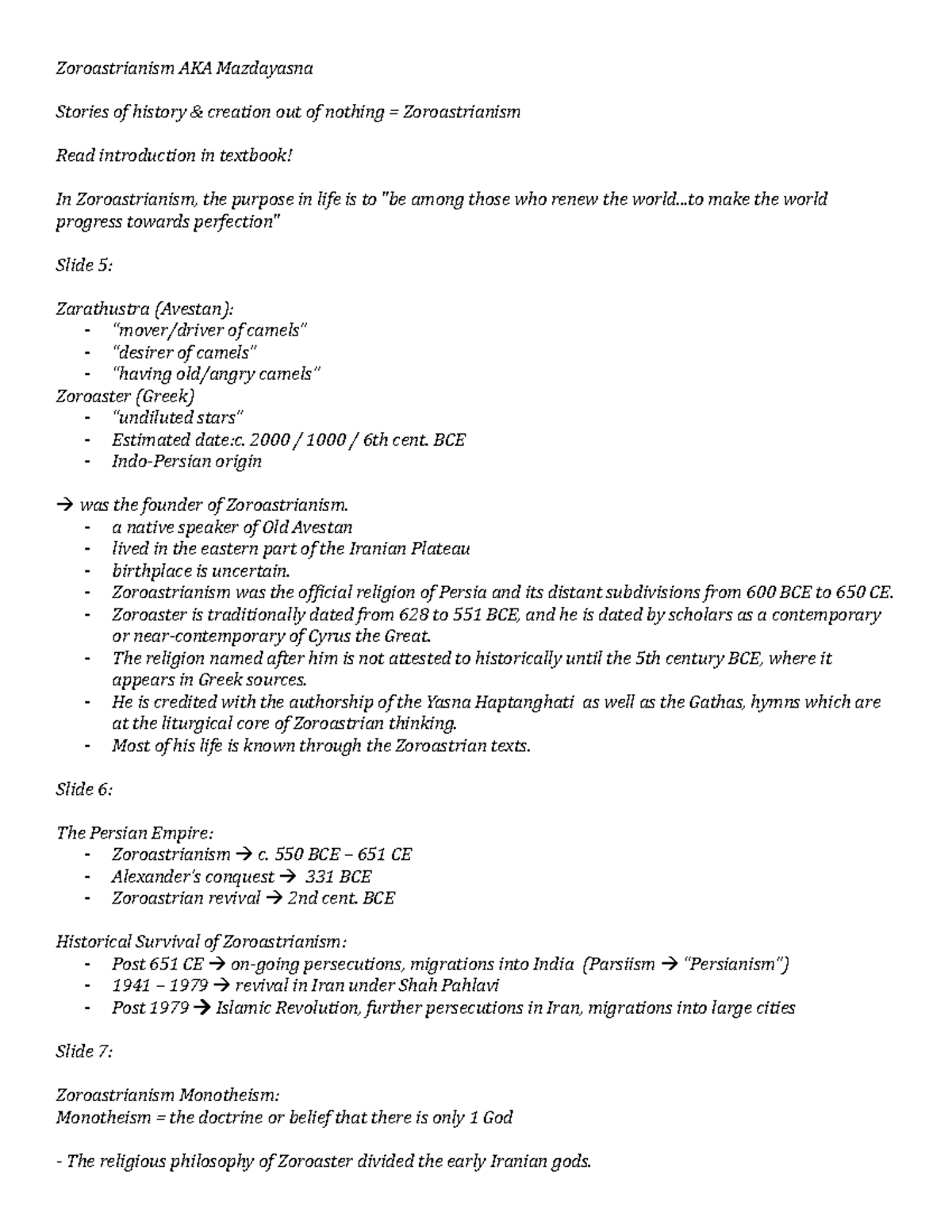 Summary Religions of the World lecture 11 - Zoroastrianism ...