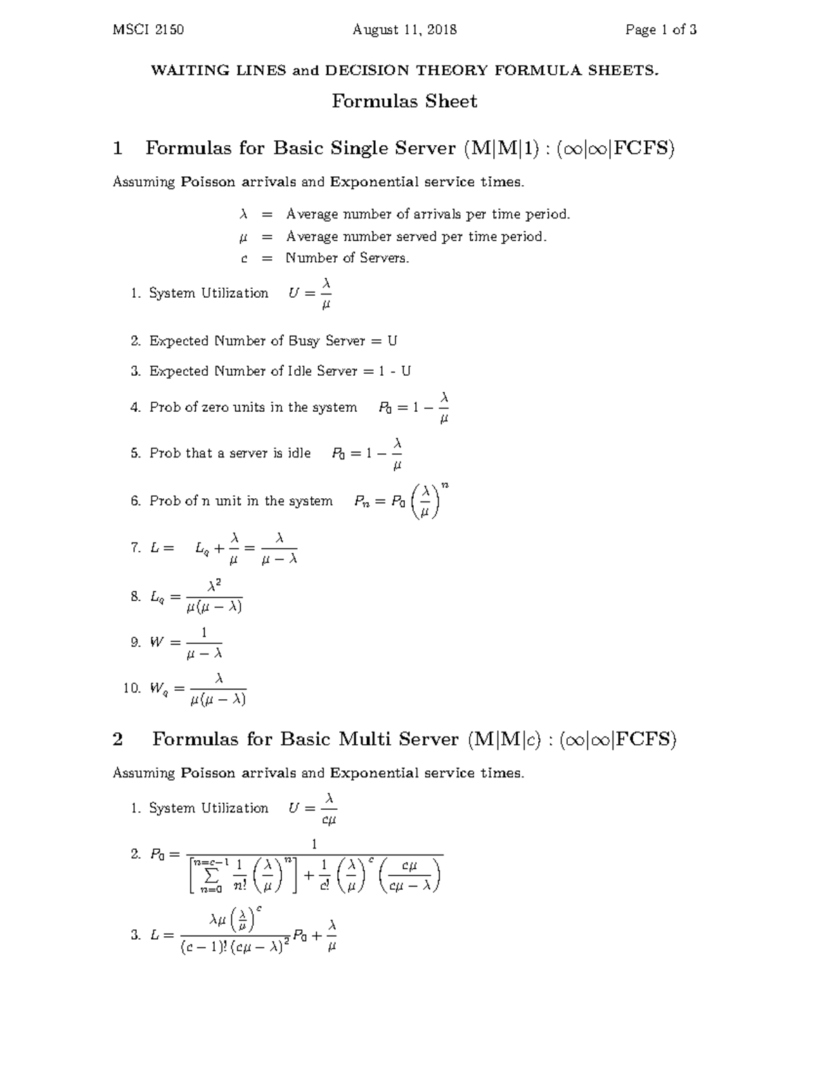 Formula 2019 - MSCI 2150 August 11, 2018 Page 1 of 3 WAITING LINES and ...