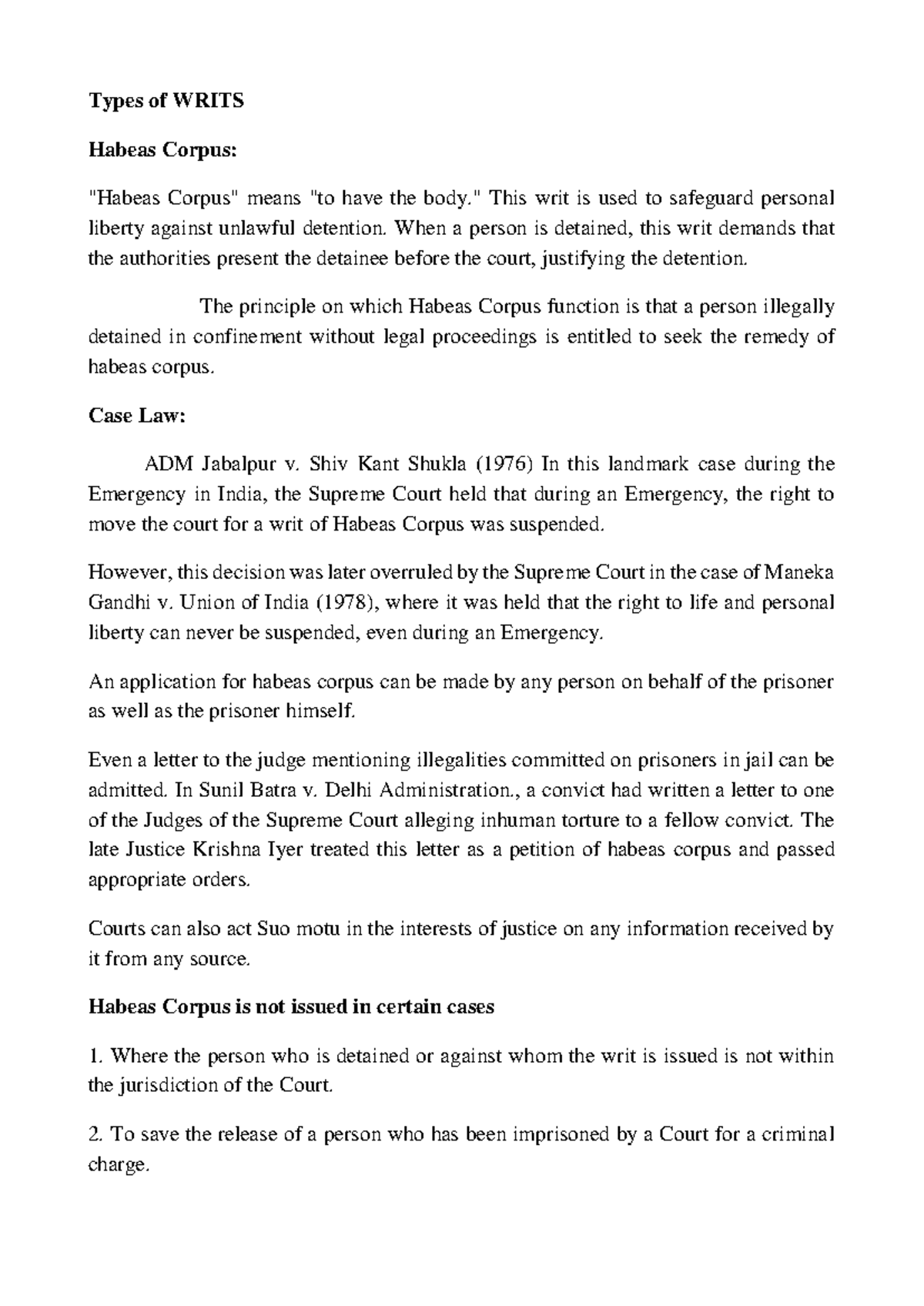 Consti notes - Types of WRITS Habeas Corpus: "Habeas Corpus" means "to ...