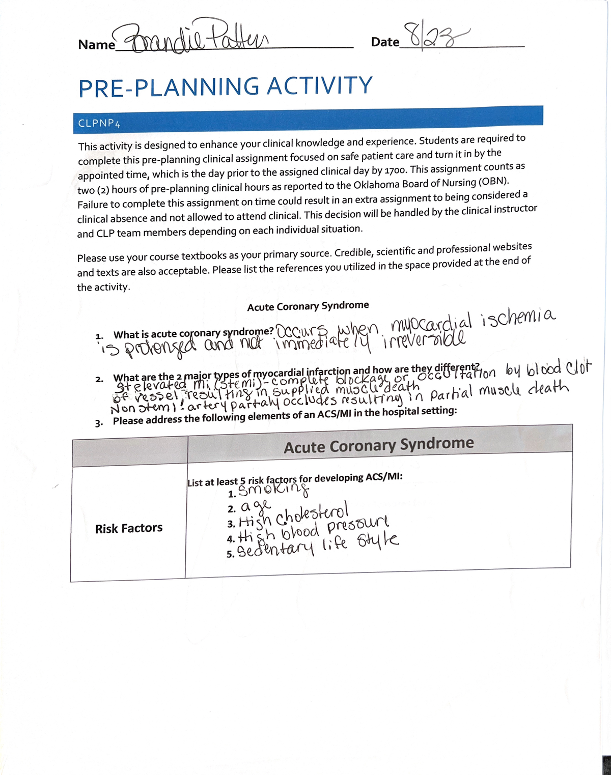 PrePlan #2 Acute Coronary Syndrome - NUR 2549 - Studocu