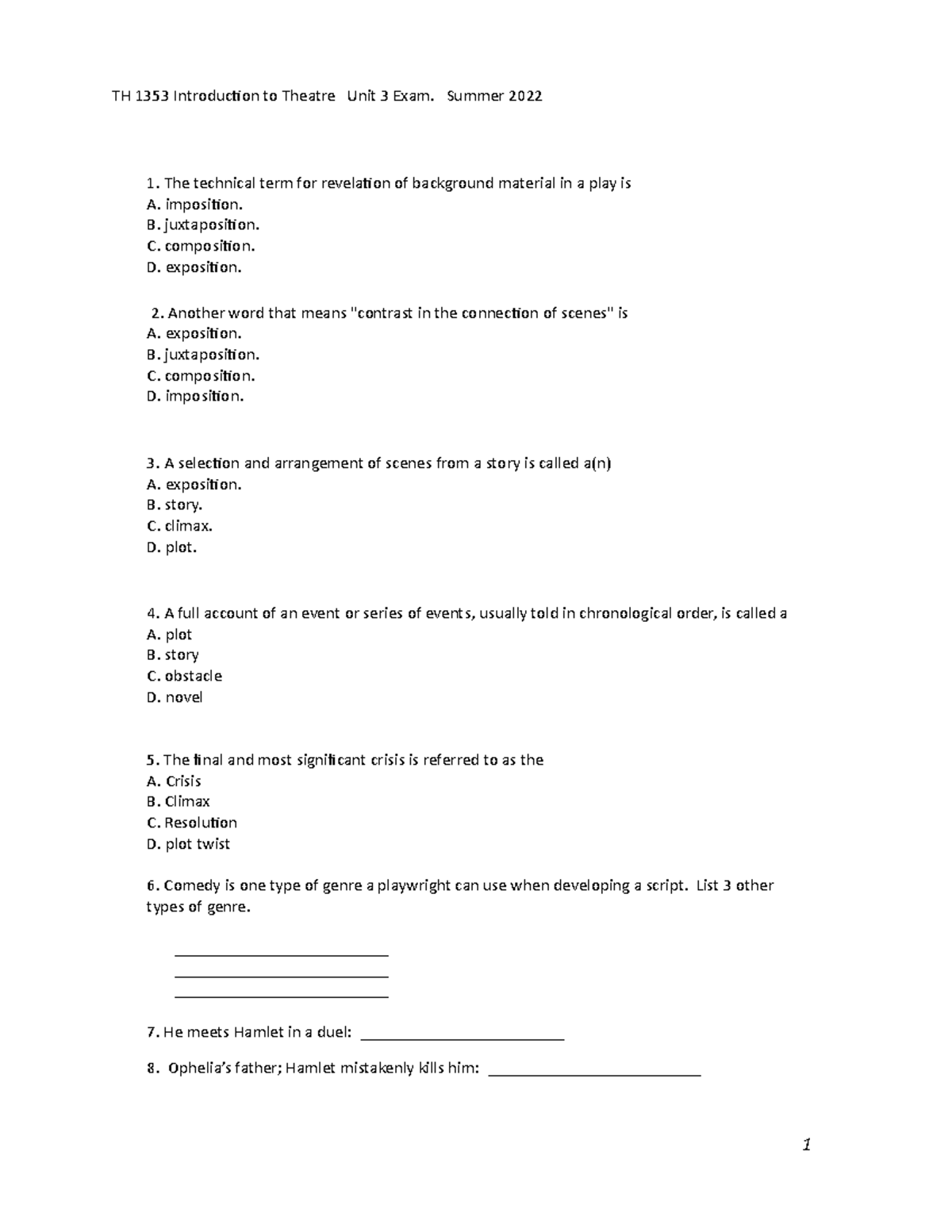 TH 1353 Unit 3 practice exam - TH 1353 Introduction to Theatre Unit 3 ...