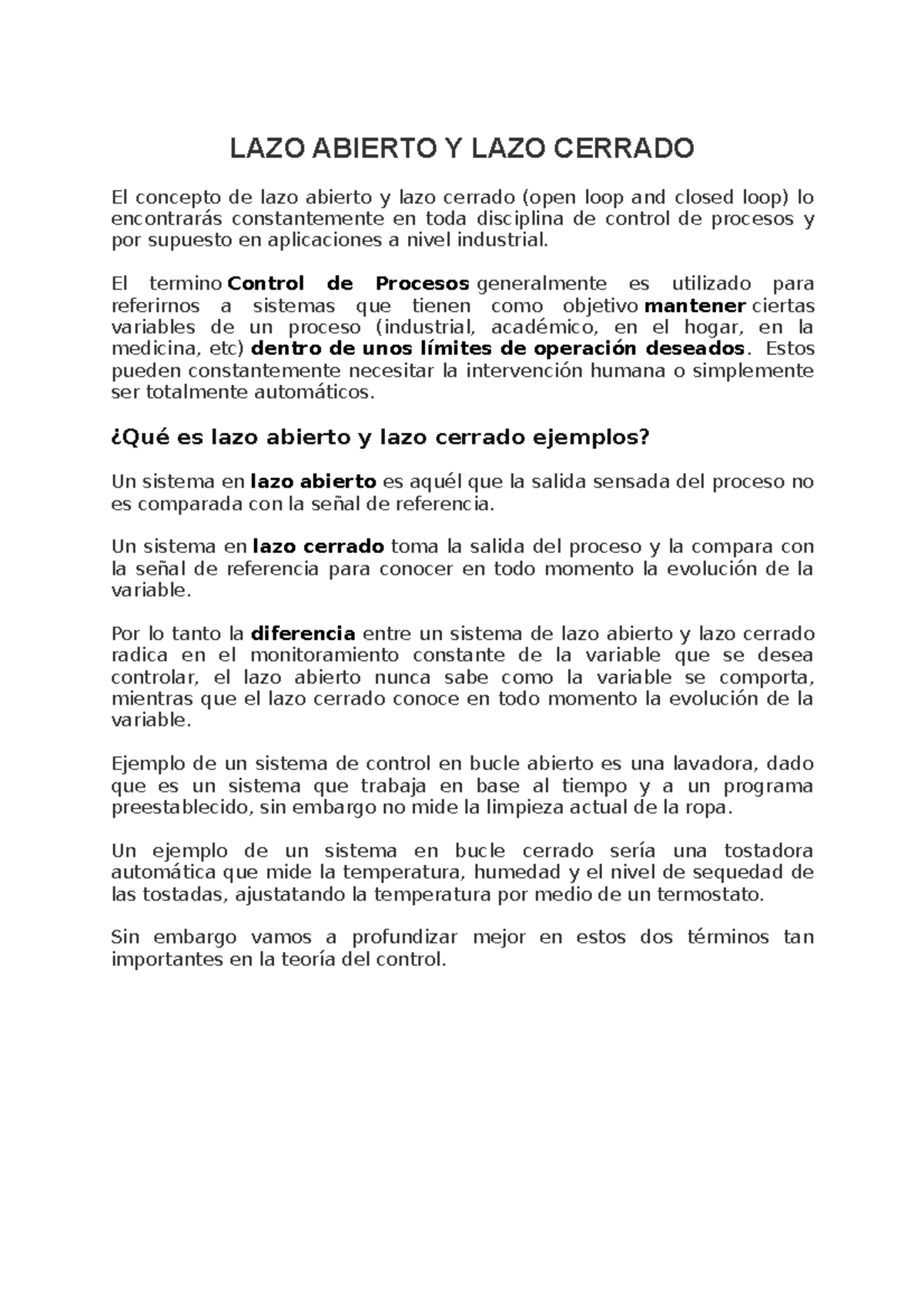 LAZO Abierto Y LAZO Cerrado - LAZO ABIERTO Y LAZO CERRADO El concepto ...