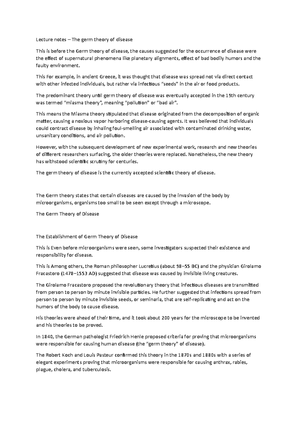 Lecture notes – The germ theory of disease - Lecture notes – The germ ...